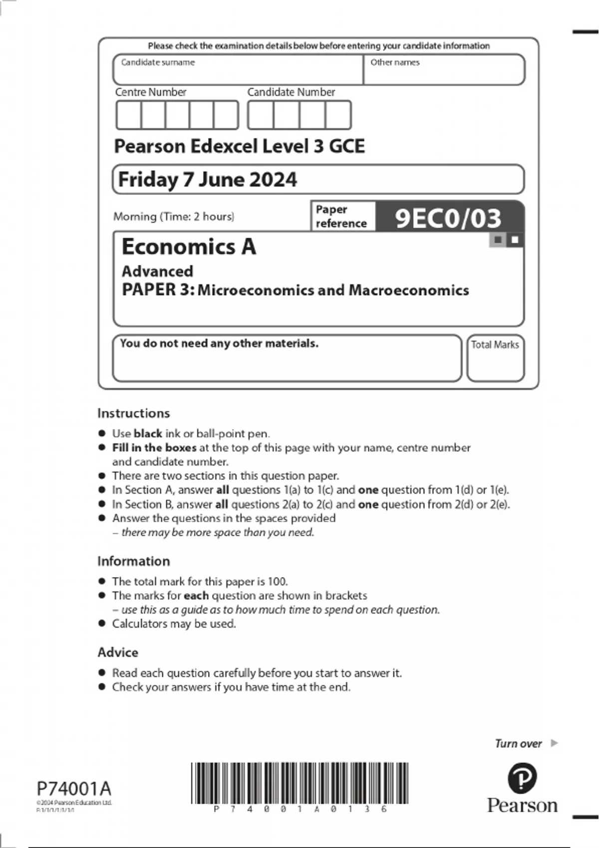 2024 Pearson Edexcel Level 3 GCE Friday 7 June 2024 Economics A ...