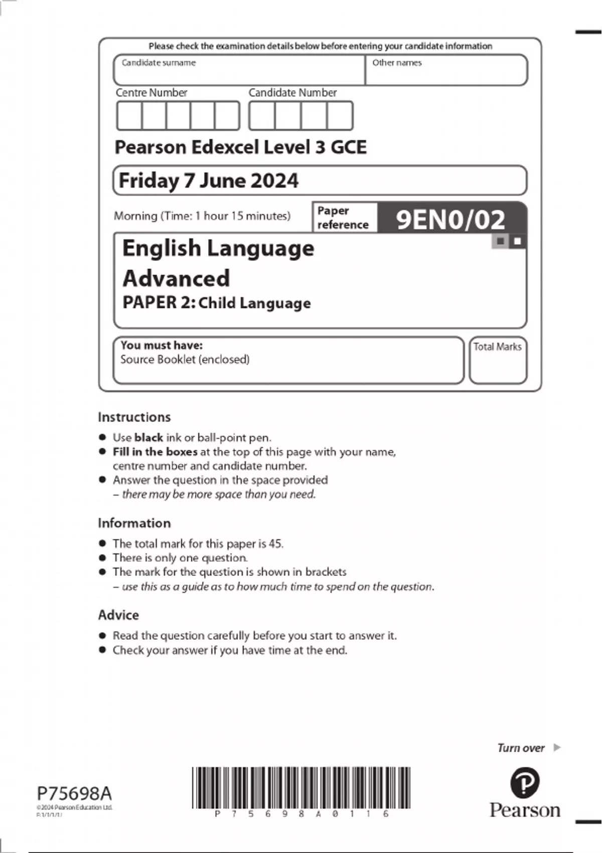 2024 Pearson Edexcel Level 3 GCE Friday 7 June 2024 English Language ...