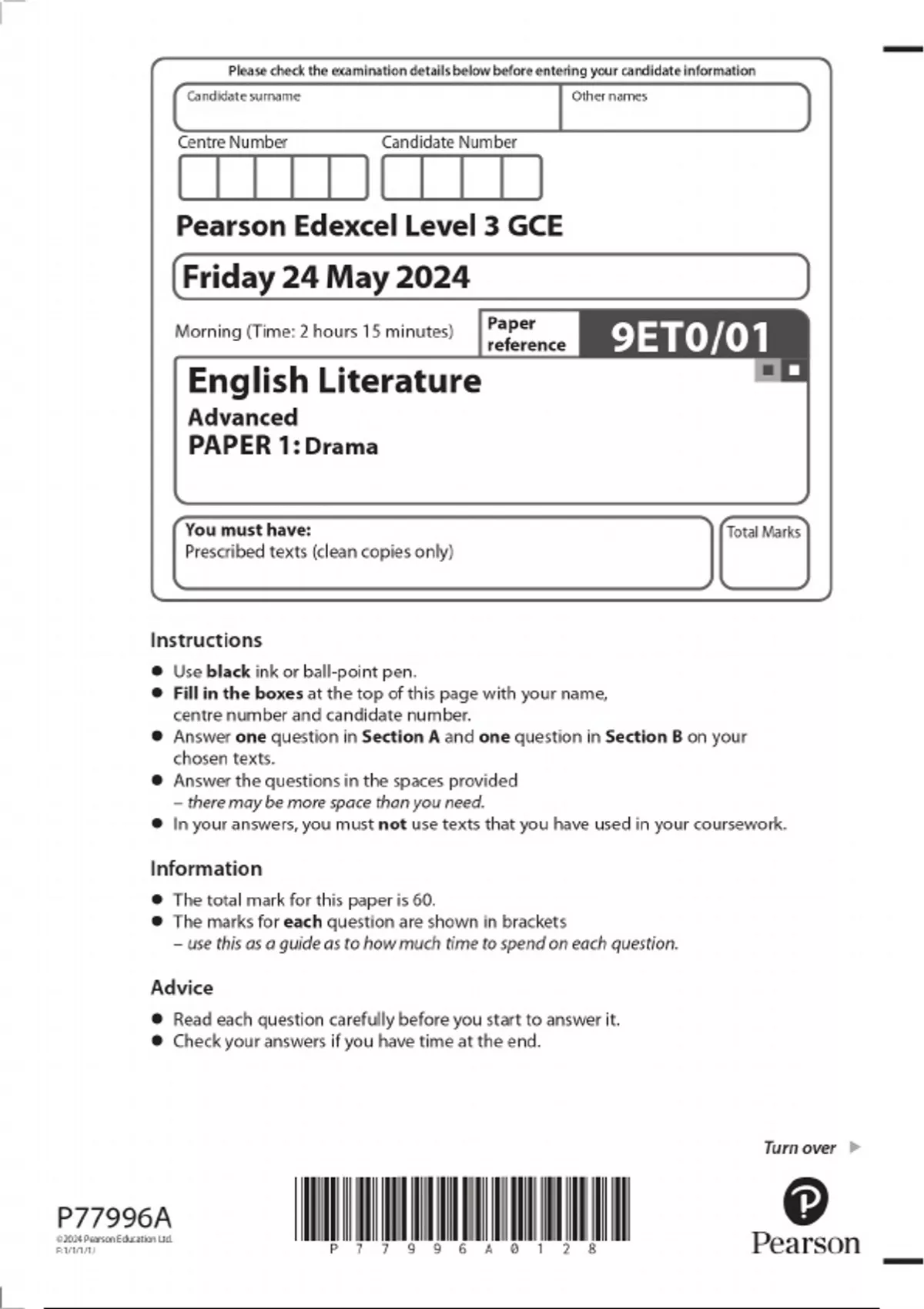 2024 Pearson Edexcel Level 3 GCE Friday 24 May 2024 English Literature Advanced PAPER 1: Drama ...