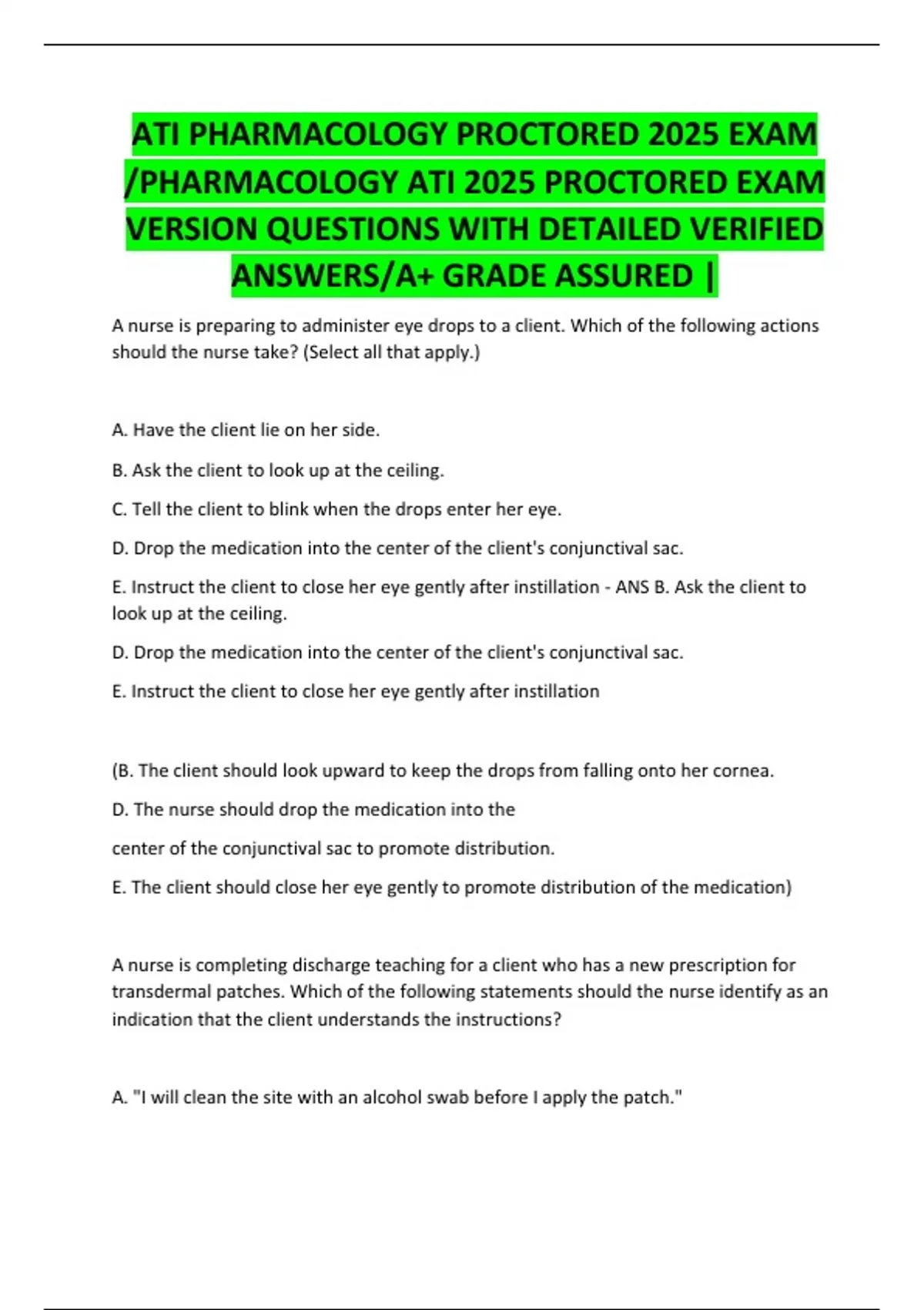 ATI PHARMACOLOGY PROCTORED 2025 EXAM /PHARMACOLOGY ATI 2025 PROCTORED ...