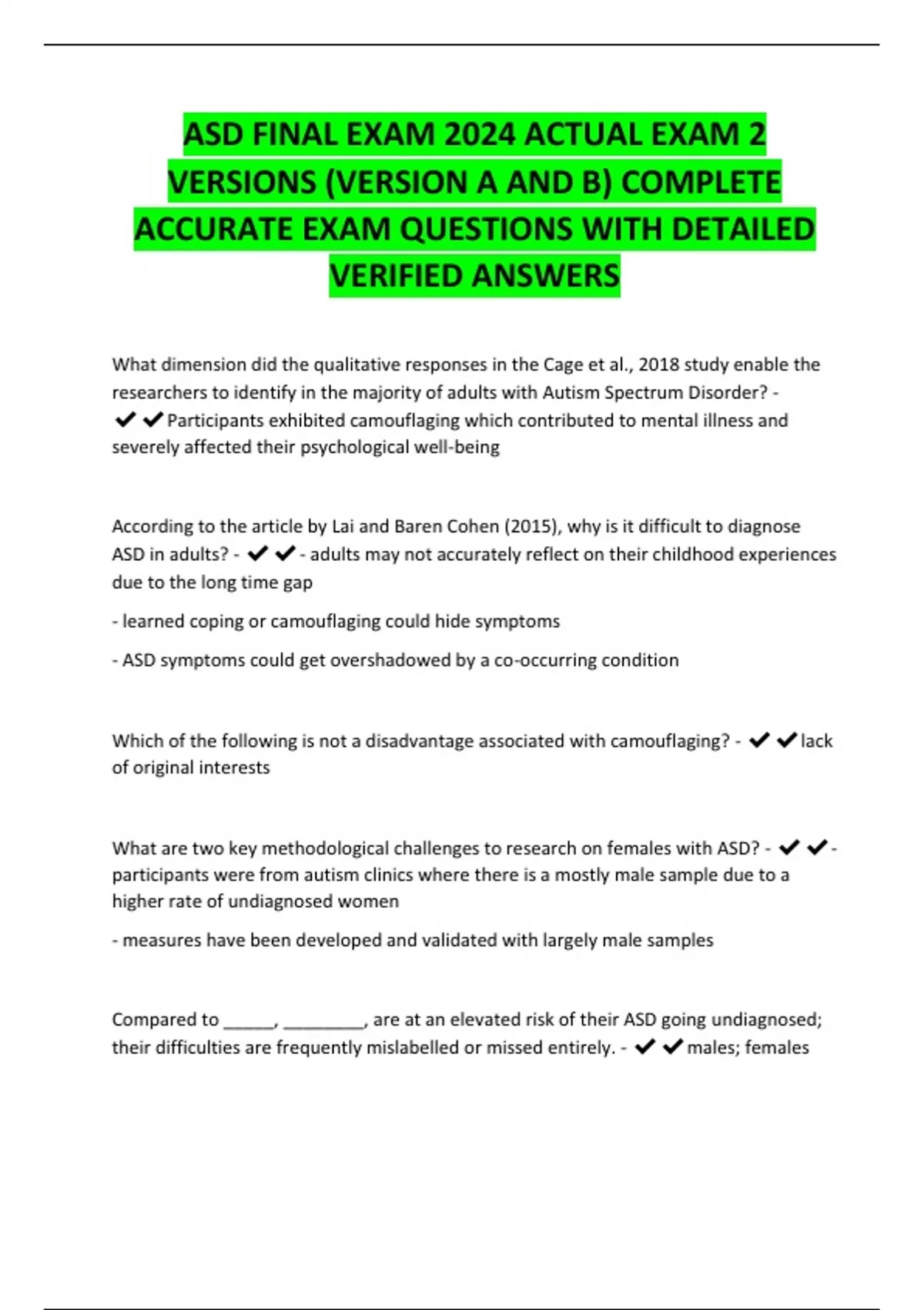 ASD FINAL EXAM 2024 ACTUAL EXAM 2 VERSIONS (VERSION A AND B) COMPLETE ...