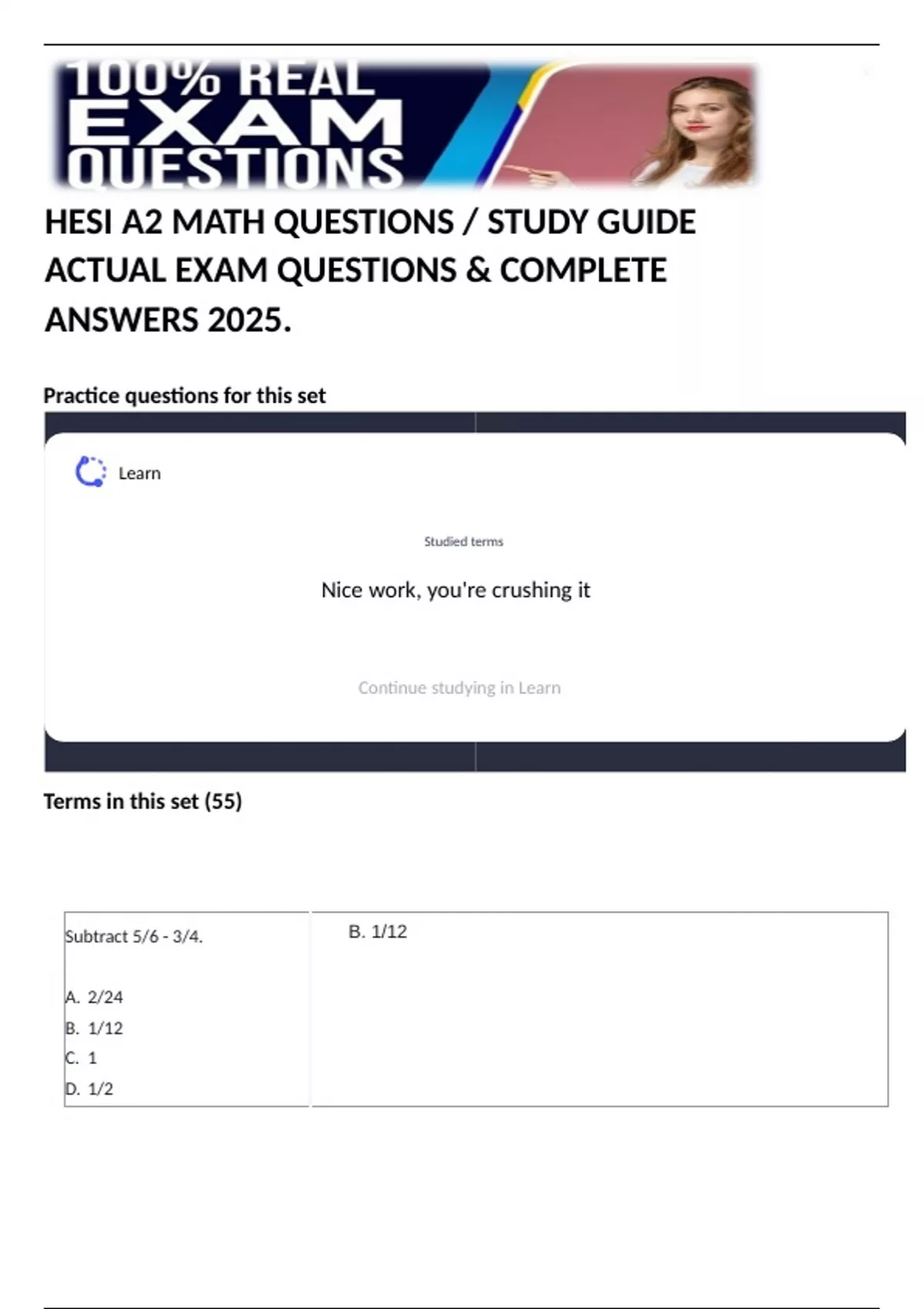HESI A2 MATH QUESTIONS / STUDY GUIDE ACTUAL EXAM QUESTIONS & COMPLETE ...