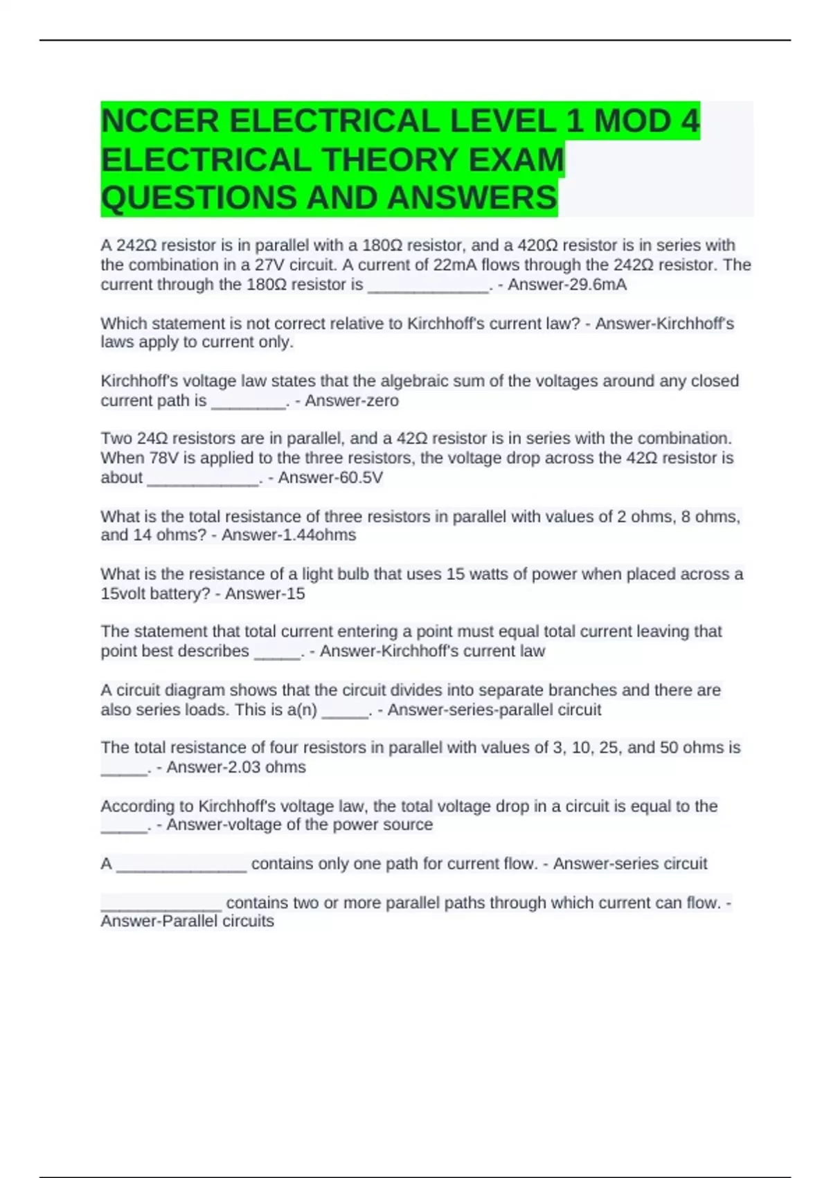 NCCER ELECTRICAL LEVEL 1 MOD 4 ELECTRICAL THEORY EXAM QUESTIONS AND ...