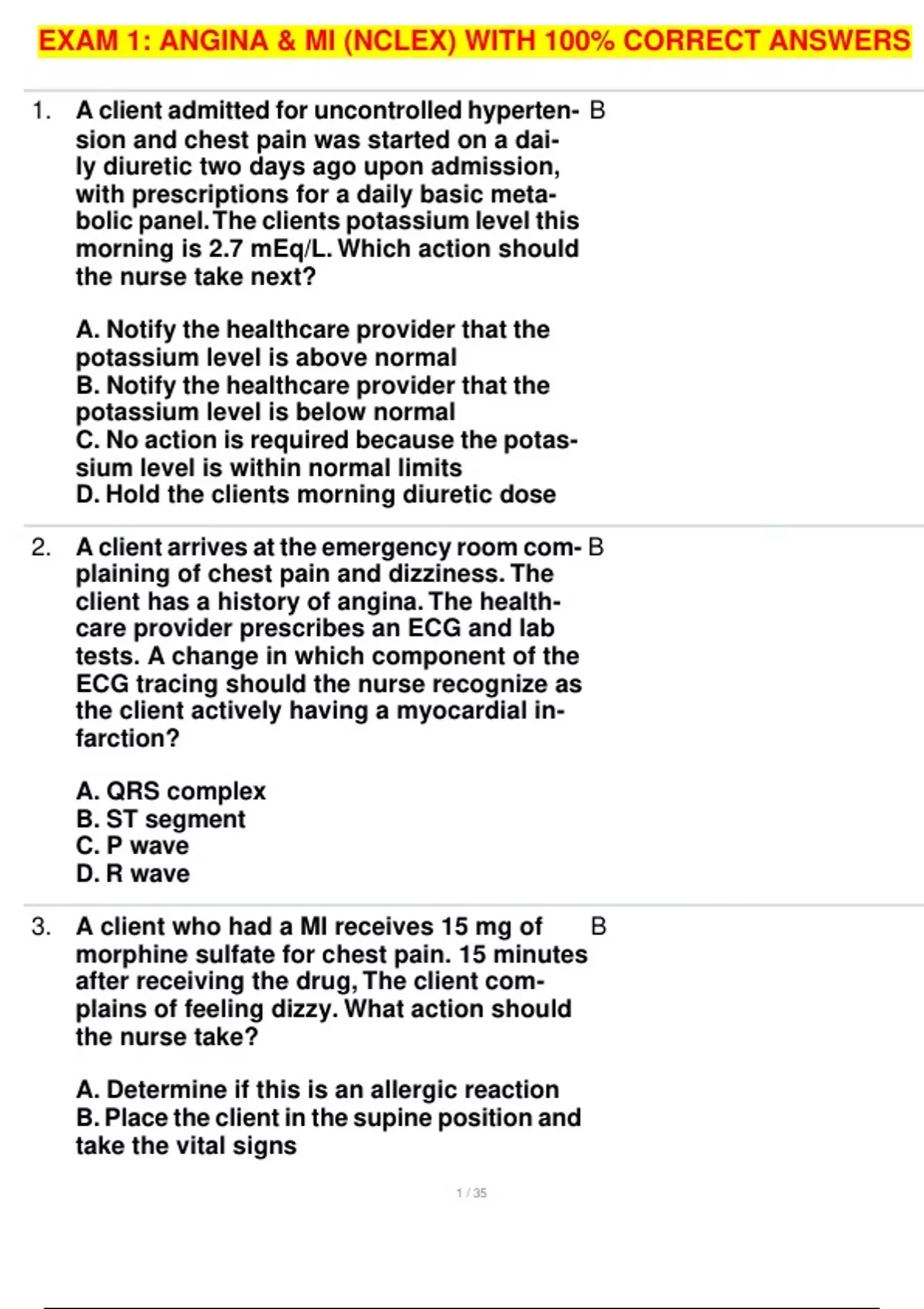EXAM 1: ANGINA & MI (NCLEX) WITH 100% CORRECT ANSWERS - ANGINA & MI ...