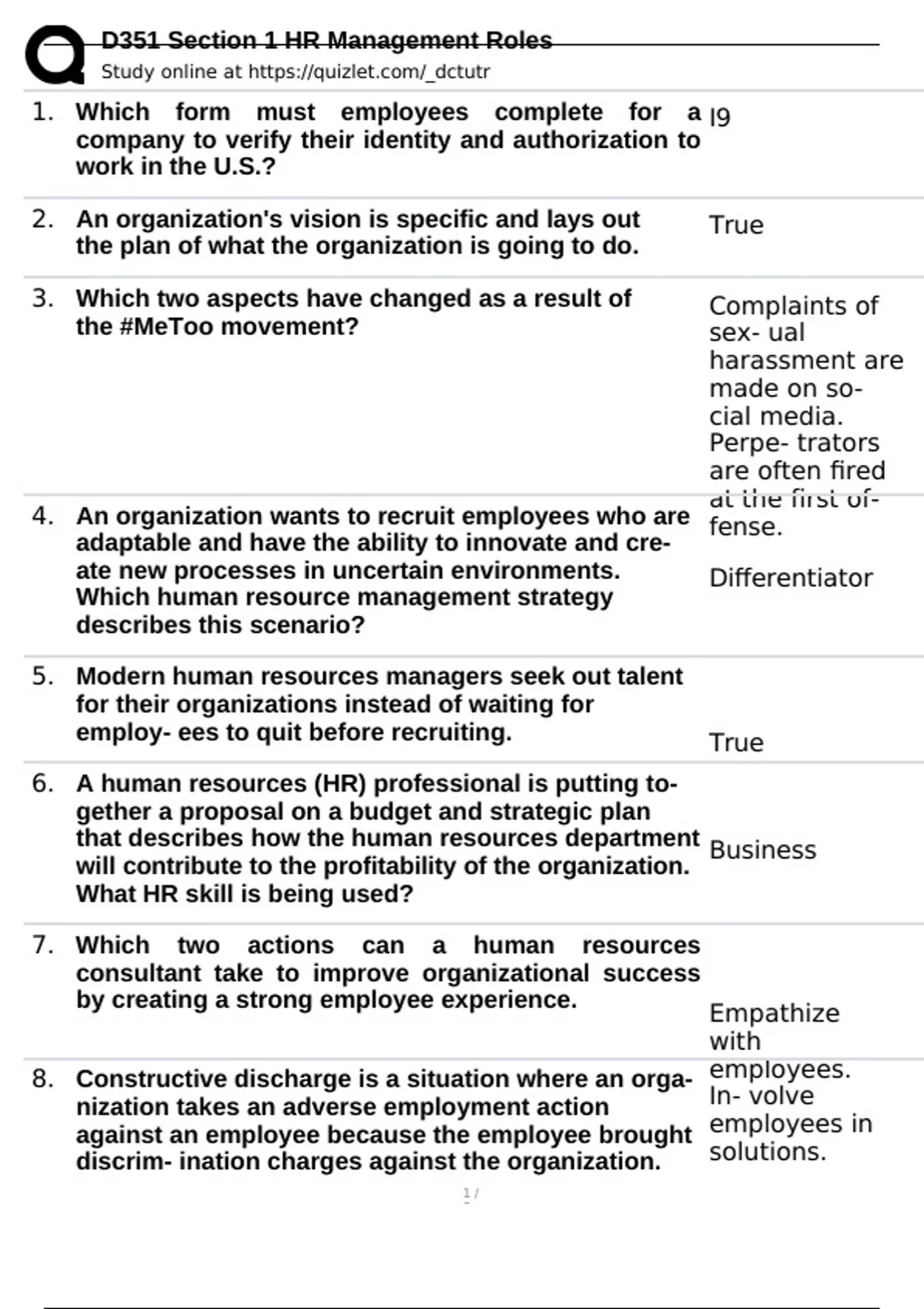 WGU D351 Section 1 HR Management Roles Questions with complete solution ...