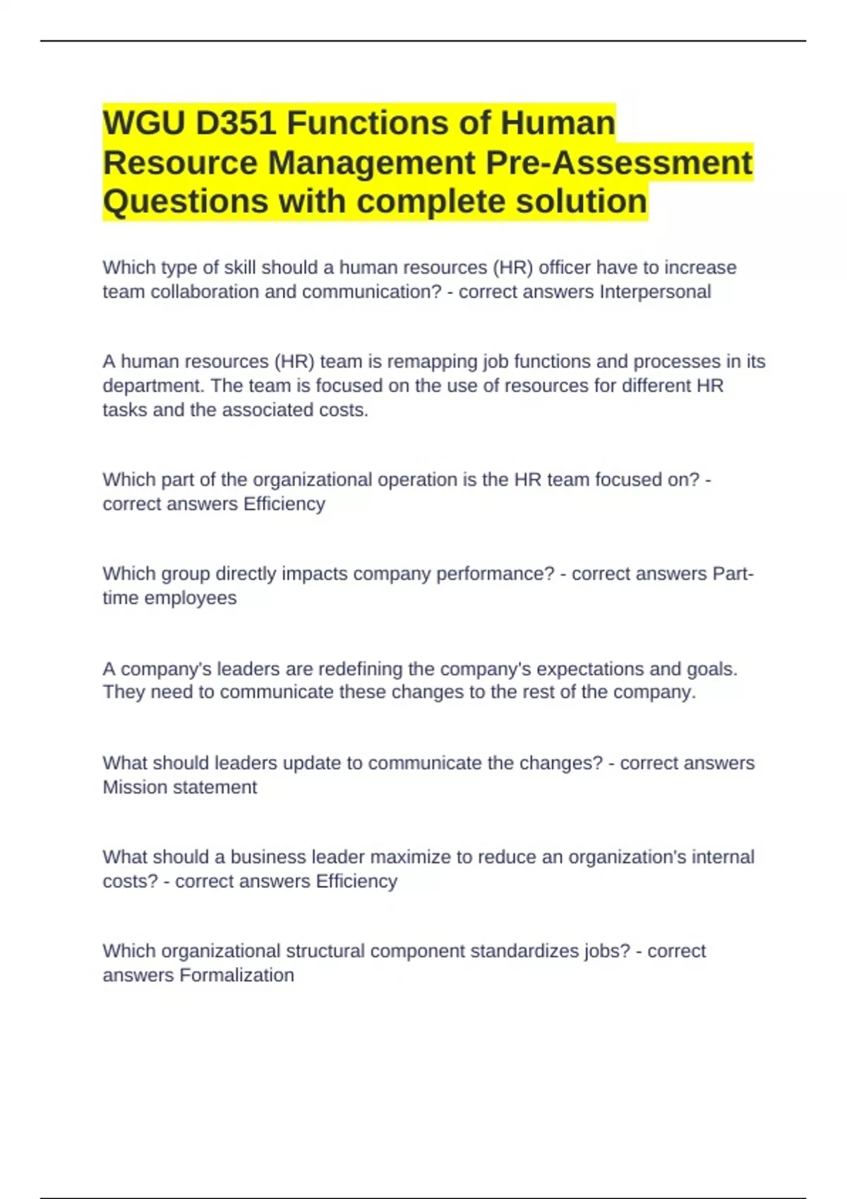 WGU D351 Functions of Human Resource Management Pre-Assessment ...