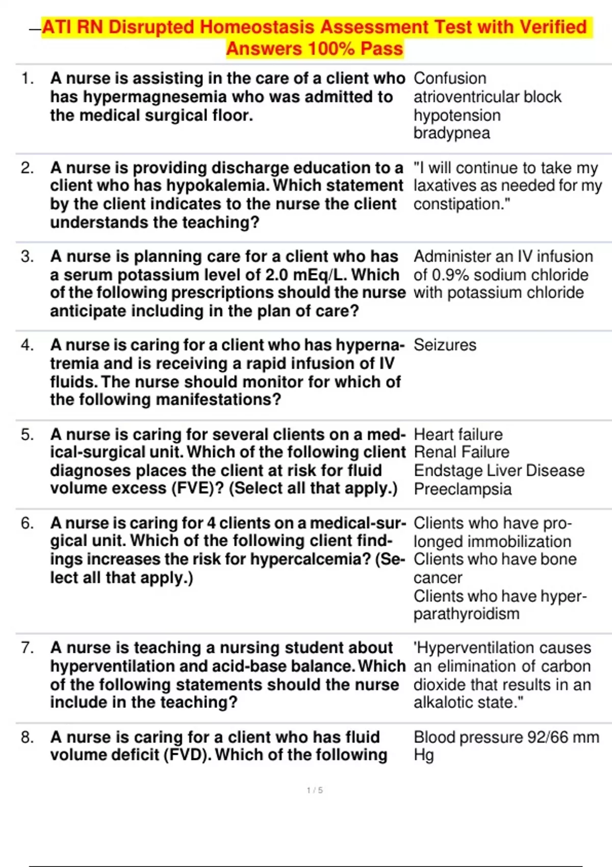 ATI RN Disrupted Homeostasis Assessment Test with Verified Answers 100% ...