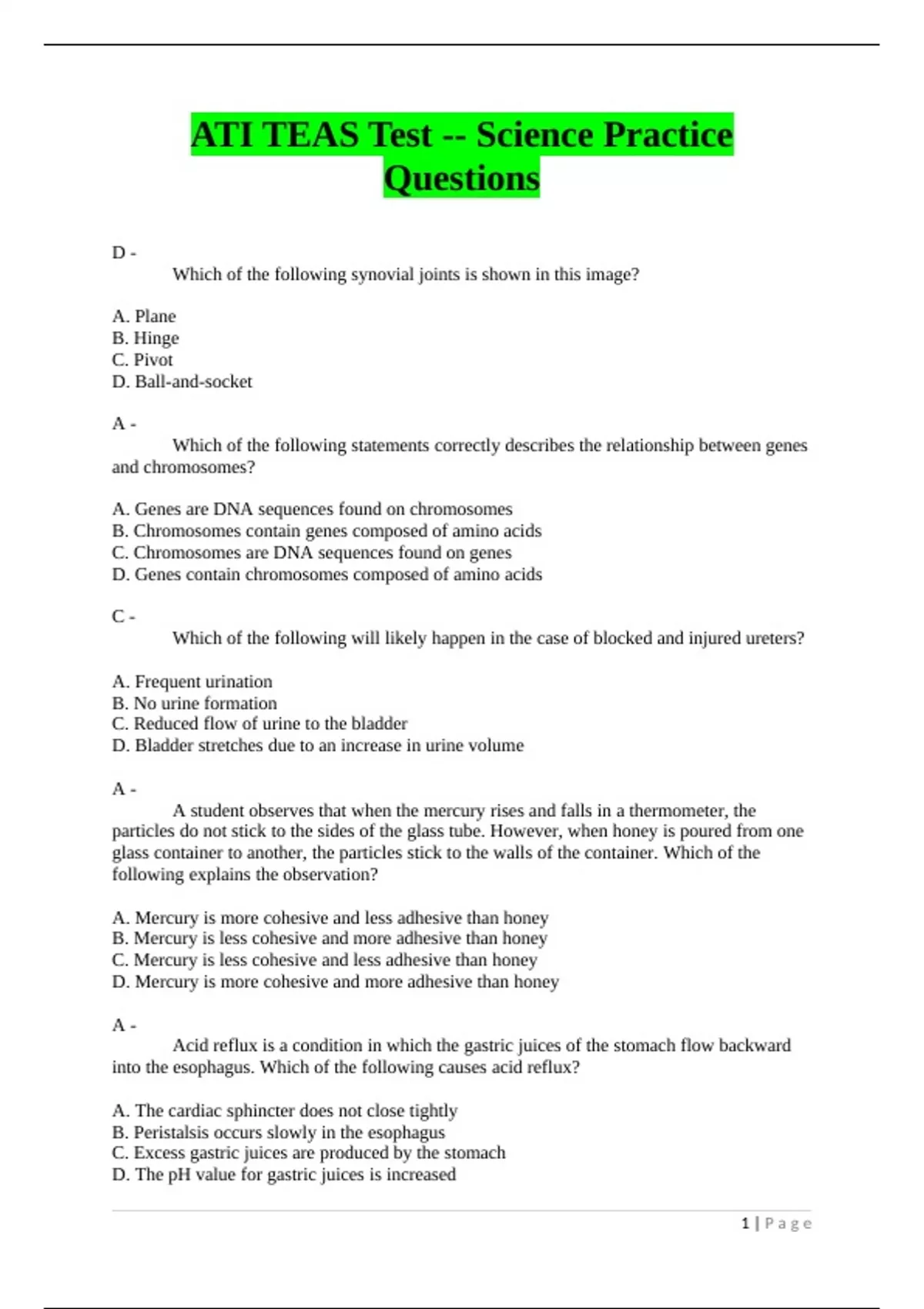 ATI TEAS Test -- Science Practice Questions - TEAS 7 Science - Stuvia US