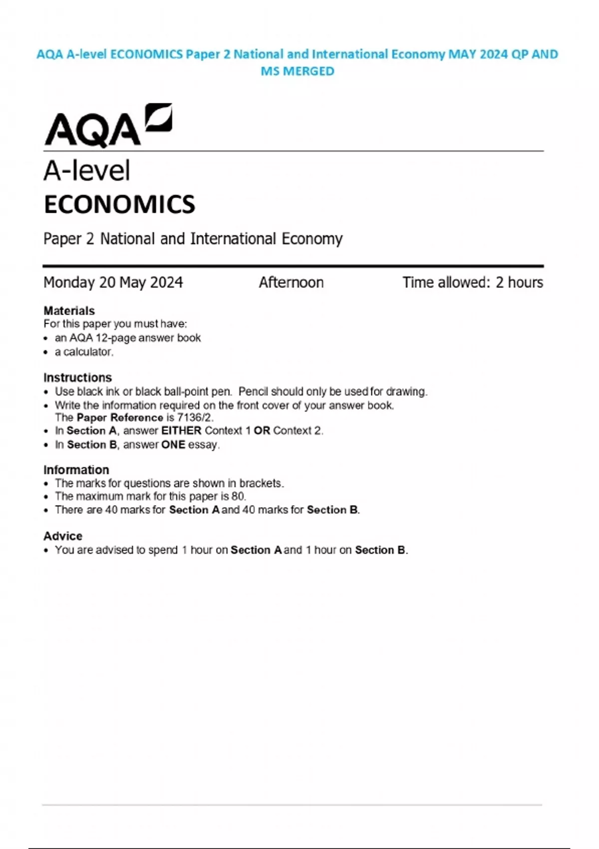 AQA A-level ECONOMICS Paper 2 National and International Economy MAY ...