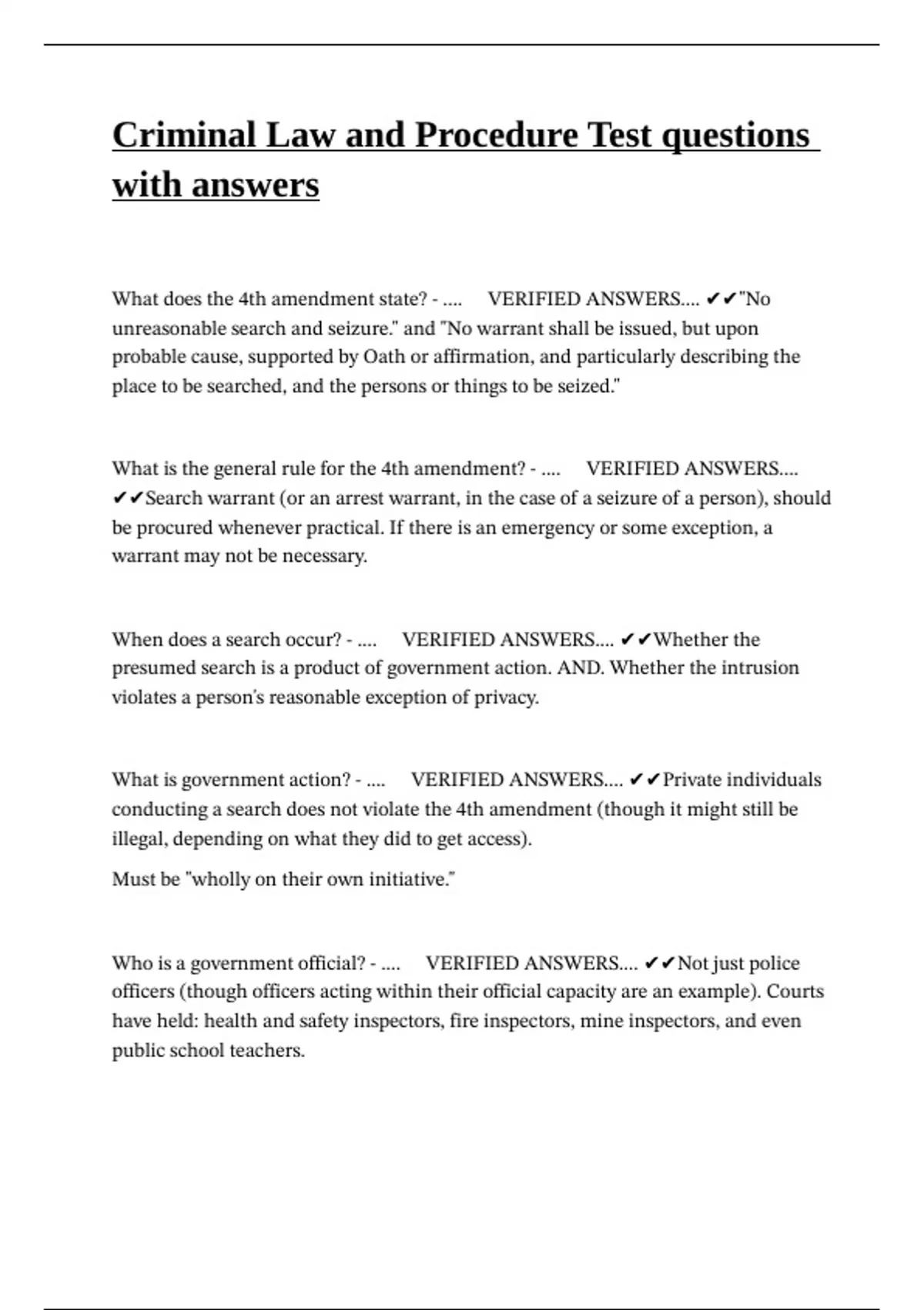 Criminal Law and Procedure Test questions with answers - Criminal Law ...