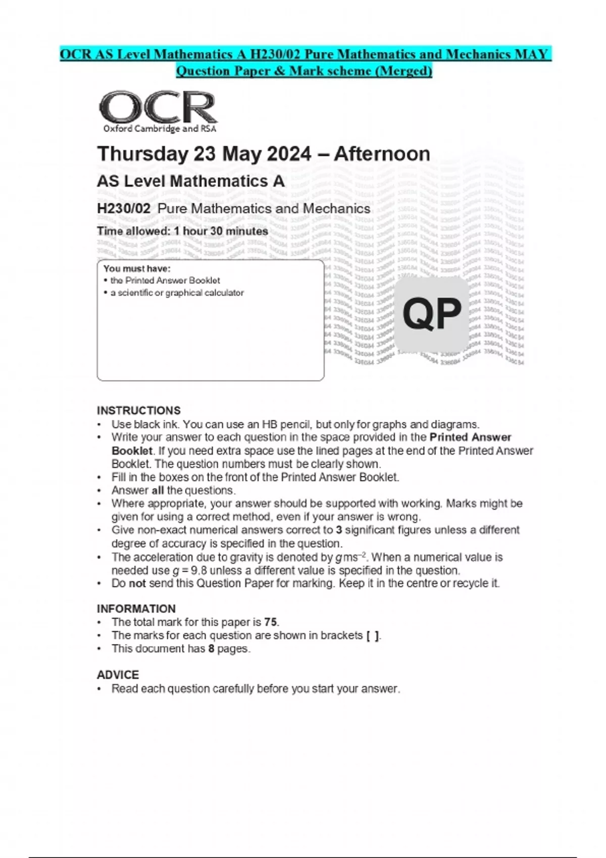 Summary OCR AS Level Mathematics A H230/02 Pure Mathematics and ...