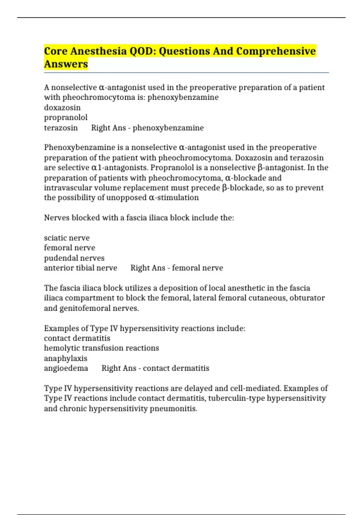 Core Anesthesia QOD: Questions And Comprehensive Answers - ANESTHESIA ...