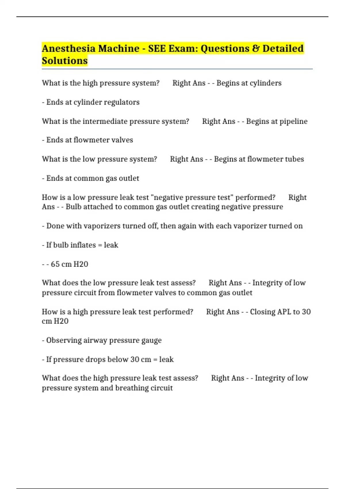 Anesthesia Machine - SEE Exam: Questions & Detailed Solutions ...
