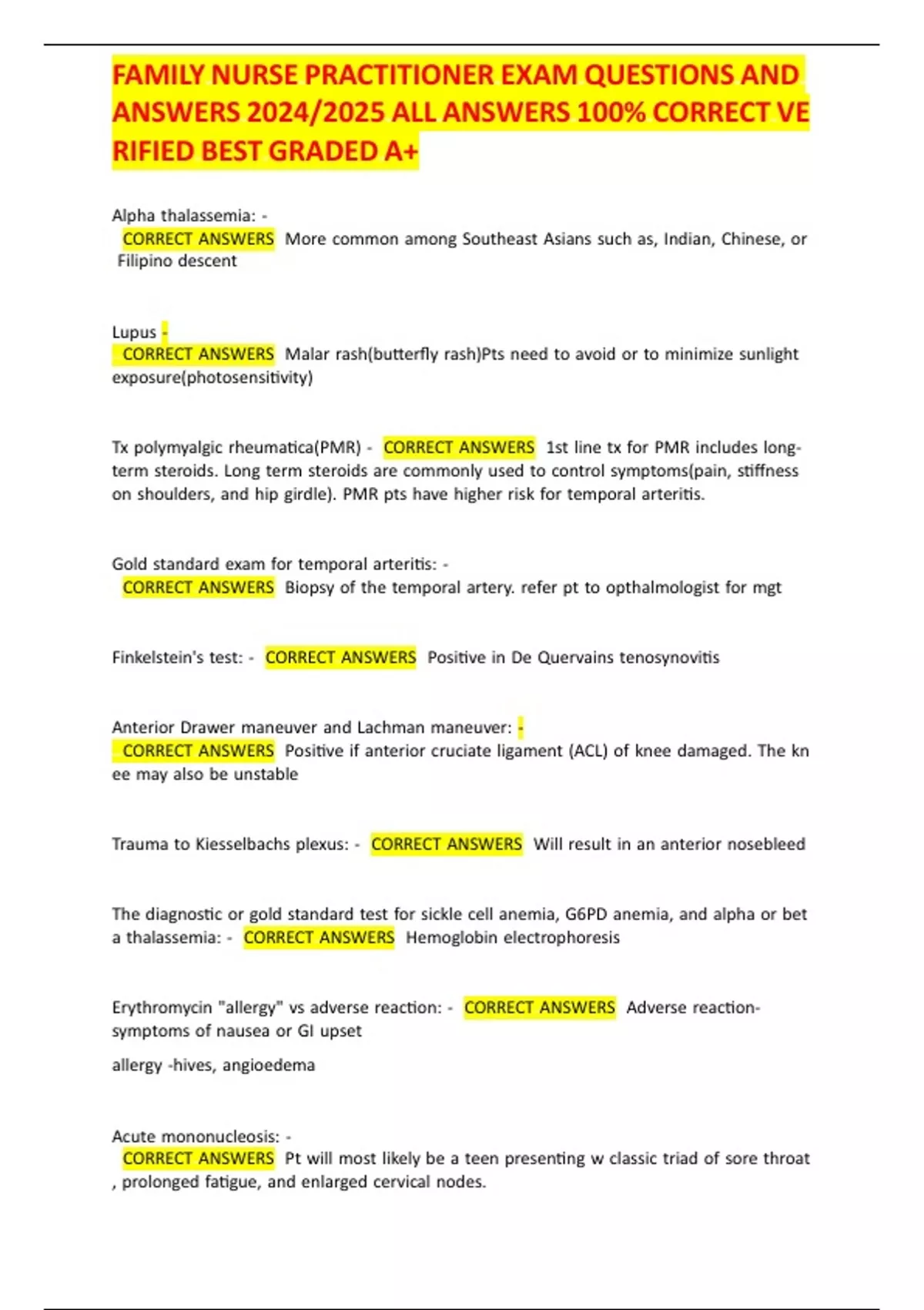 FAMILY NURSE PRACTITIONER EXAM QUESTIONS AND ANSWERS 2024/2025 ALL ...