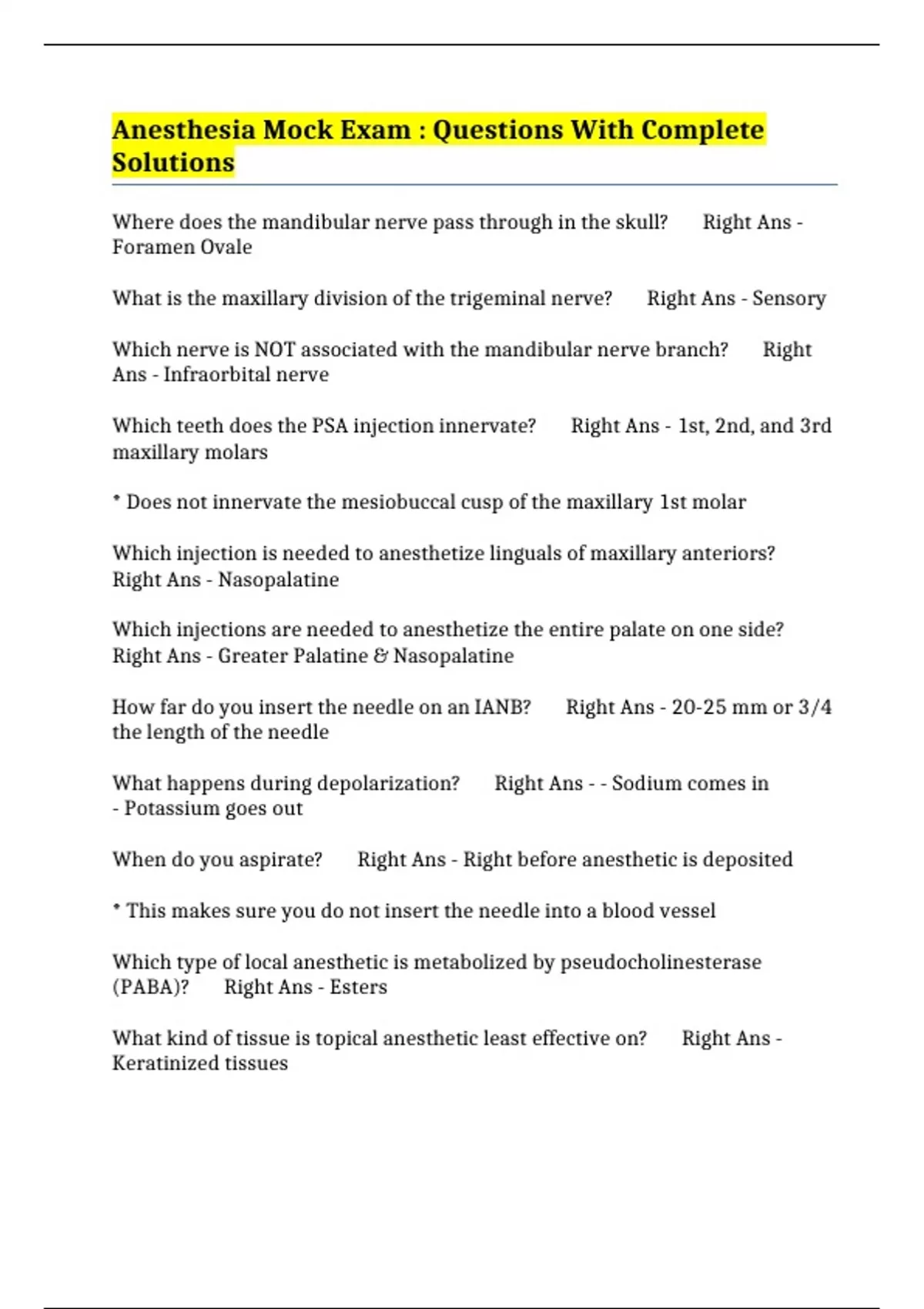 Anesthesia Mock Exam : Questions With Complete Solutions - ANESTHESIA ...