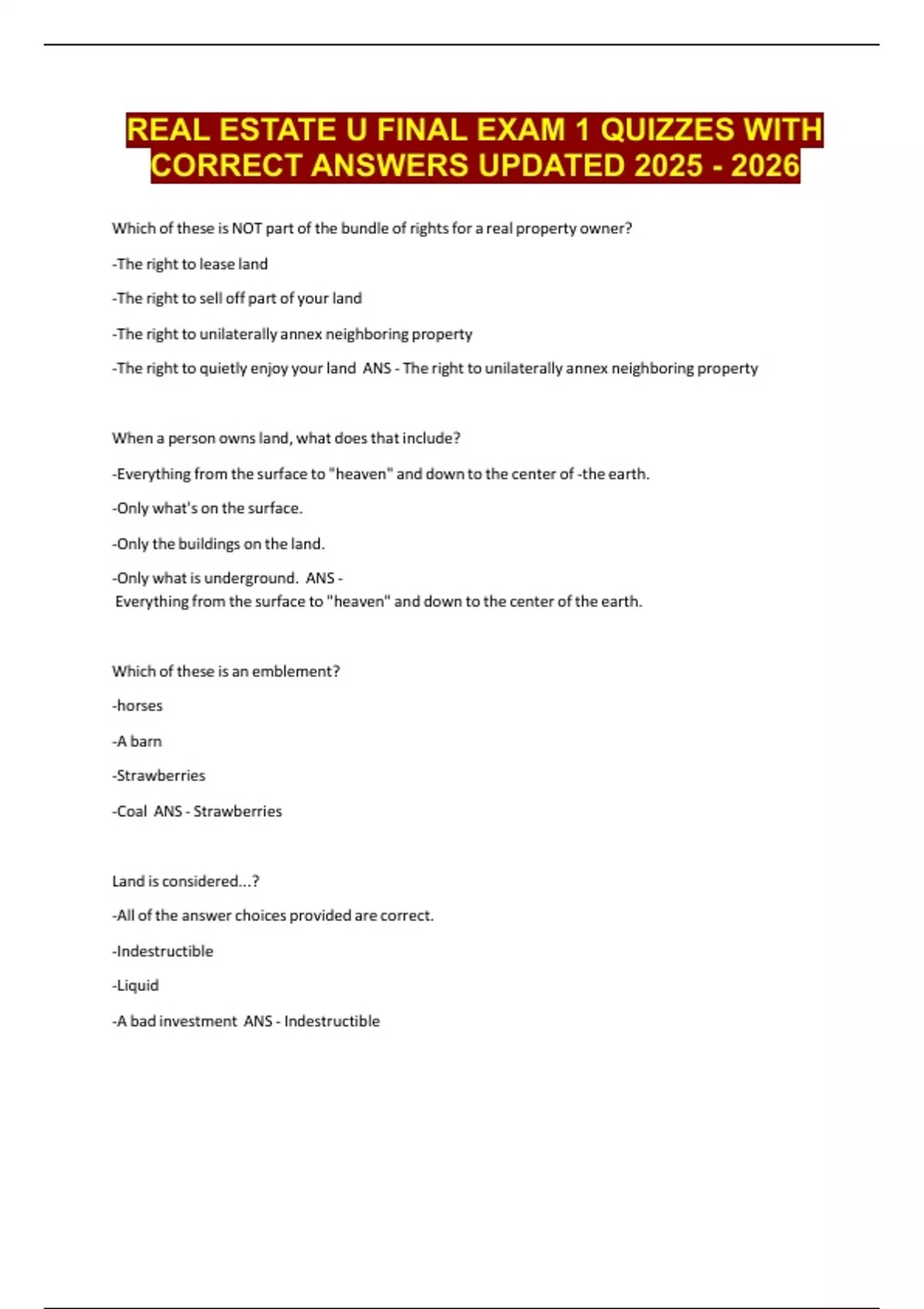 REAL ESTATE U FINAL EXAM 1 QUIZZES WITH CORRECT ANSWERS UPDATED - Real ...