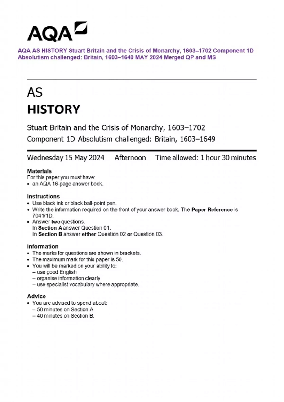 AQA AS HISTORY Stuart Britain and the Crisis of Monarchy, 1603–1702 ...