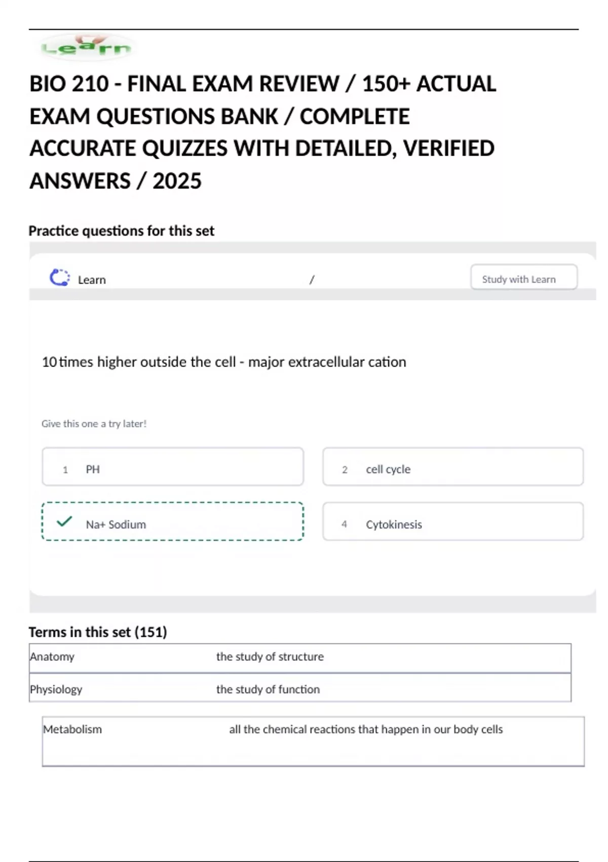 BIO 210 - FINAL EXAM REVIEW / 150+ ACTUAL EXAM QUESTIONS BANK ...