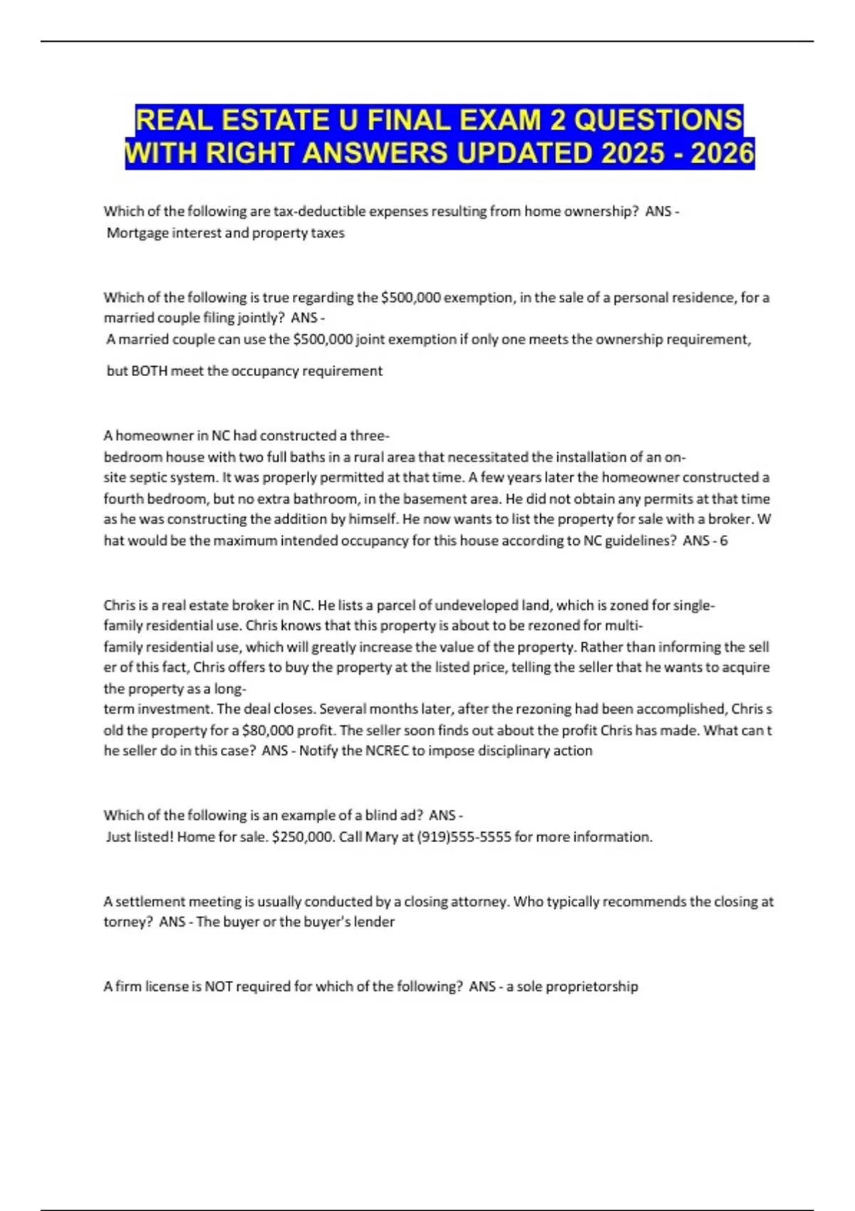 REAL ESTATE U FINAL EXAM 2 QUESTIONS WITH RIGHT ANSWERS UPDATED - Real ...