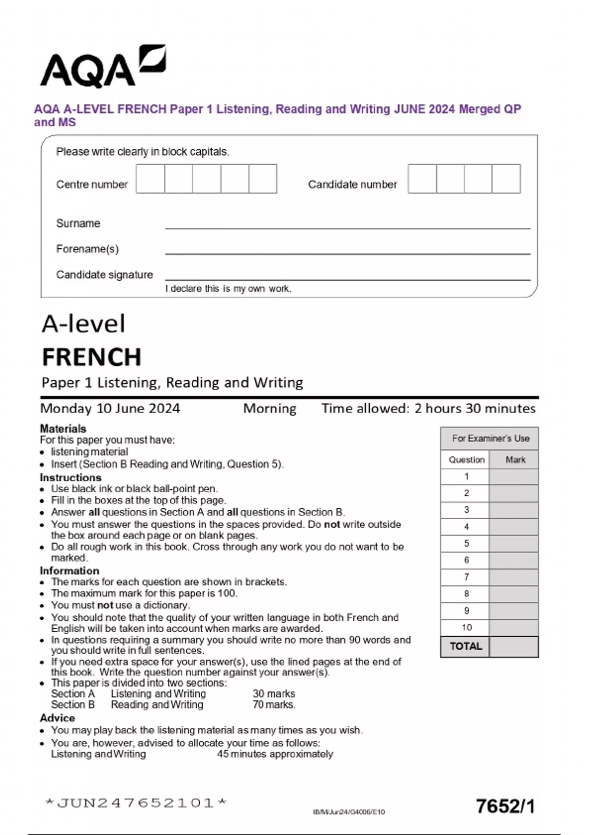 AQA A-LEVEL FRENCH Paper 1 Listening, Reading and Writing JUNE 2024 ...