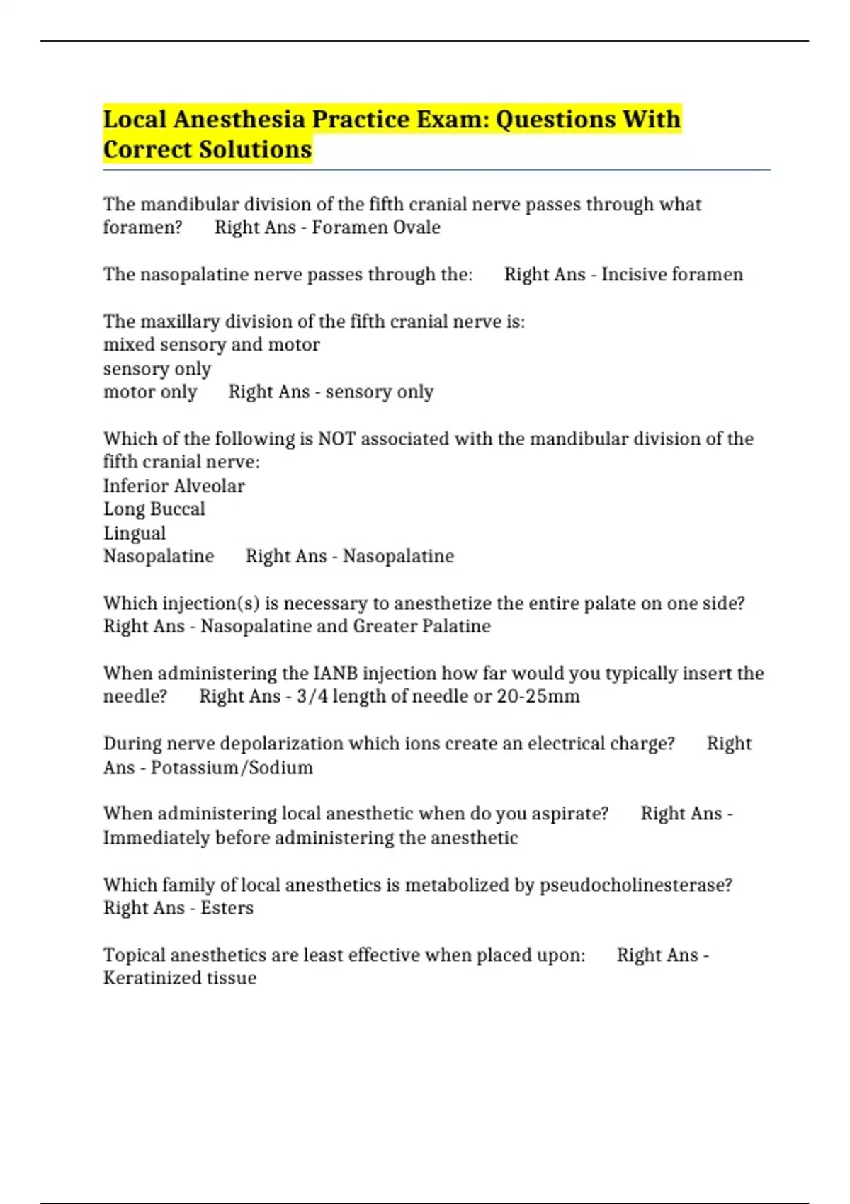 Local Anesthesia Practice Exam: Questions With Correct Solutions ...