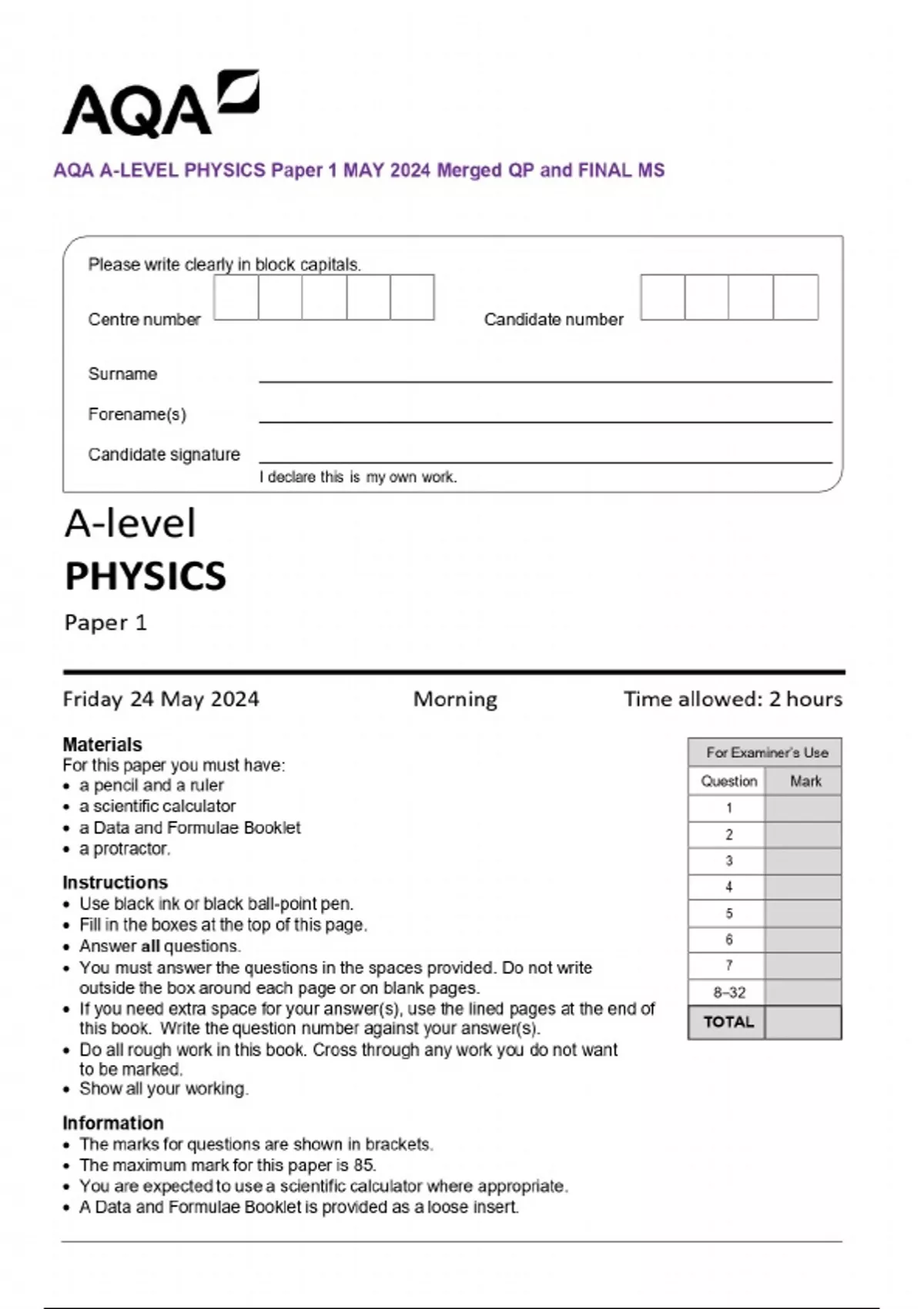 AQA A-LEVEL PHYSICS Paper 1 MAY 2024 Merged QP and FINAL MS - AQA A& AS ...