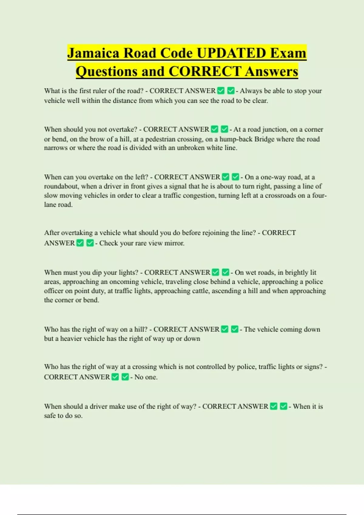 Jamaica Road Code UPDATED Exam Questions and CORRECT Answers - Jamaica ...