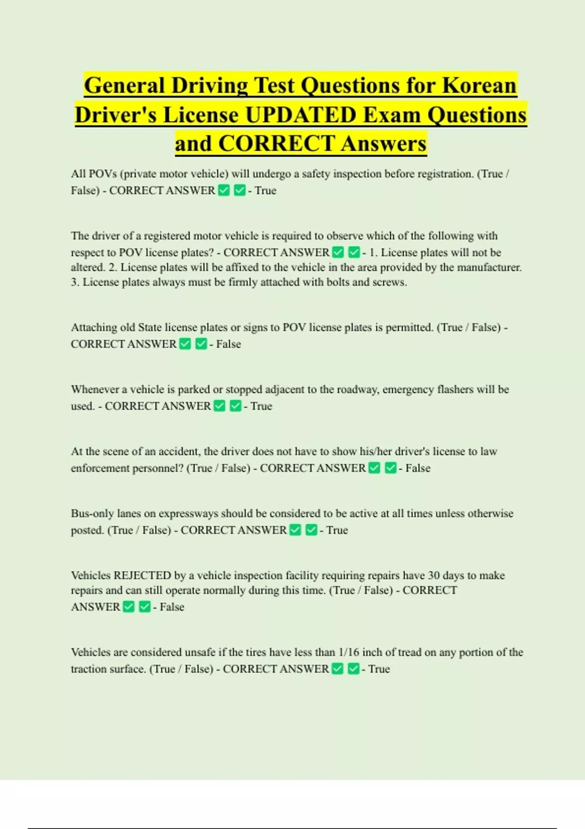 General Driving Test Questions for Korean Driver's License UPDATED Exam ...