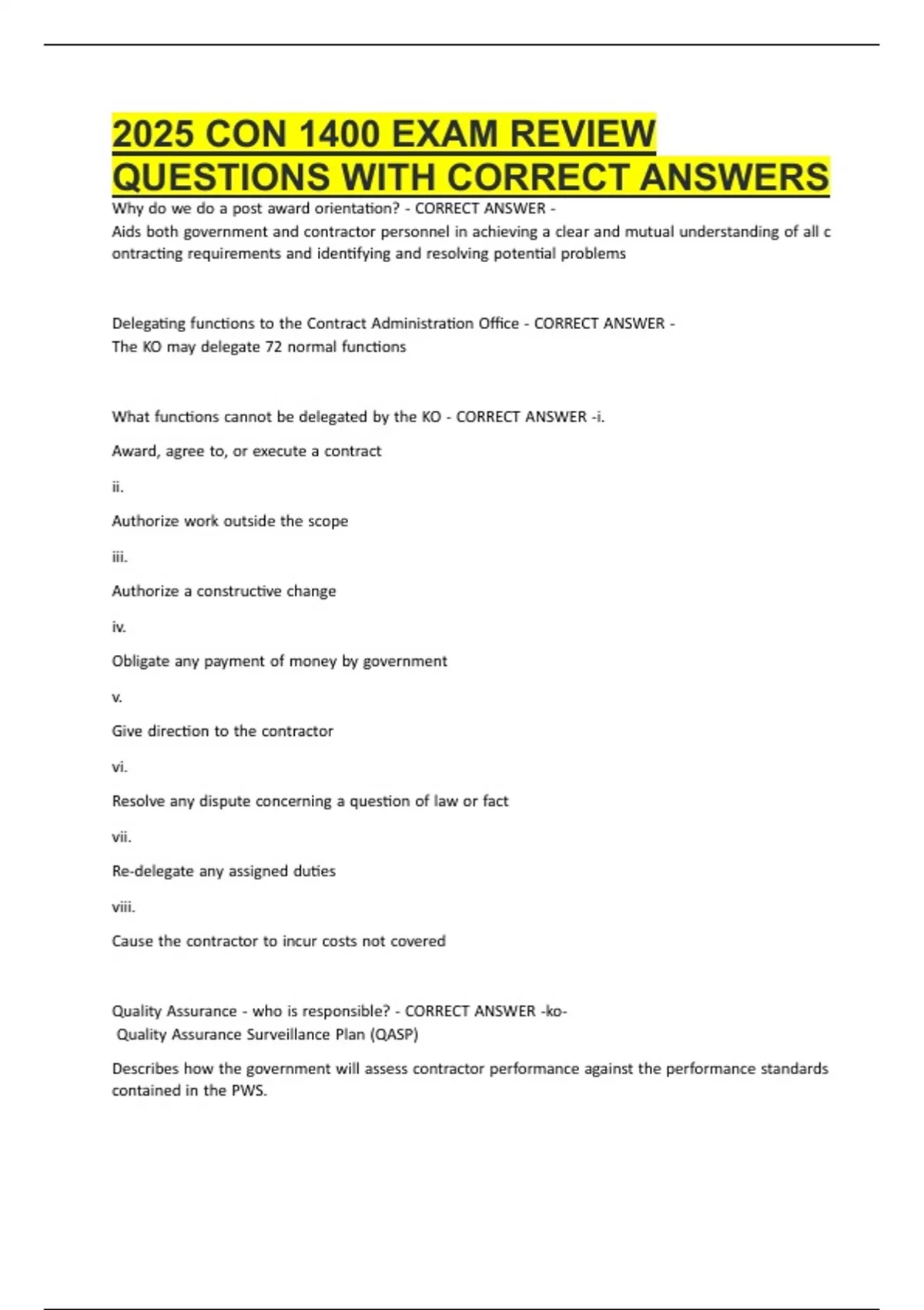 2025 CON 1400 EXAM REVIEW QUESTIONS WITH CORRECT ANSWERS - CON 1400 ...
