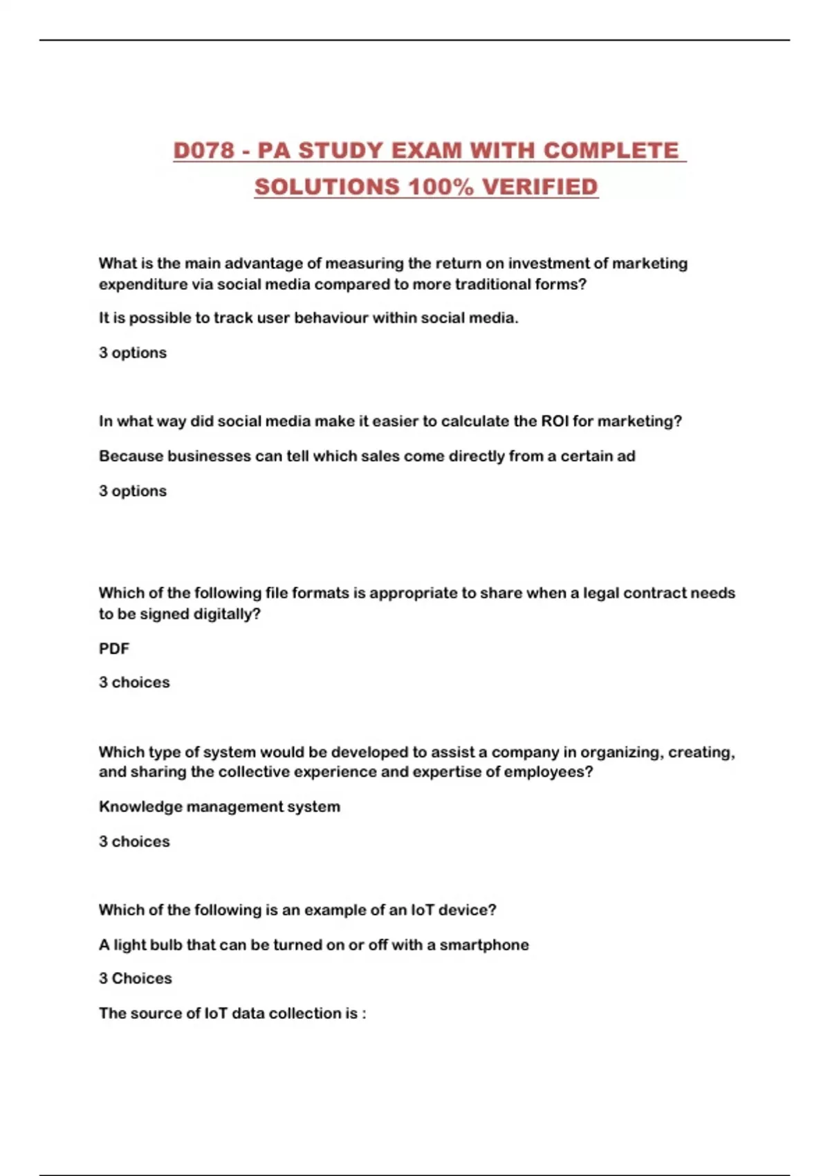 D078 - PA STUDY EXAM WITH COMPLETE SOLUTIONS 100% VERIFIED - D078 - PA ...