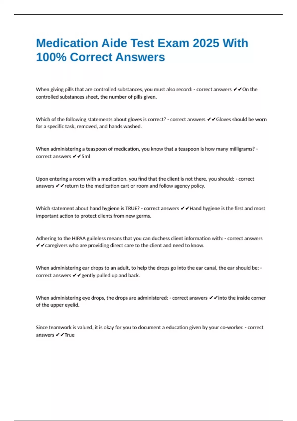 Medication Aide Test Exam 2025 With 100% Correct Answers - Medication ...
