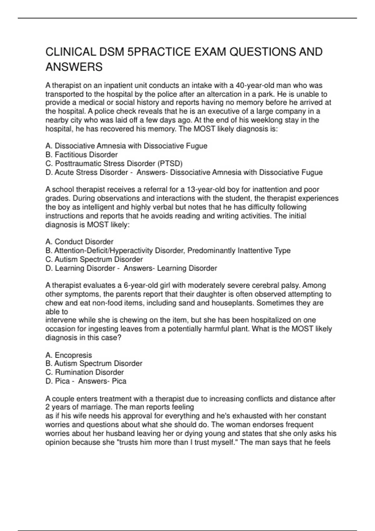 CLINICAL DSM 5PRACTICE EXAM QUESTIONS AND ANSWERS - DSM-5 - Stuvia US