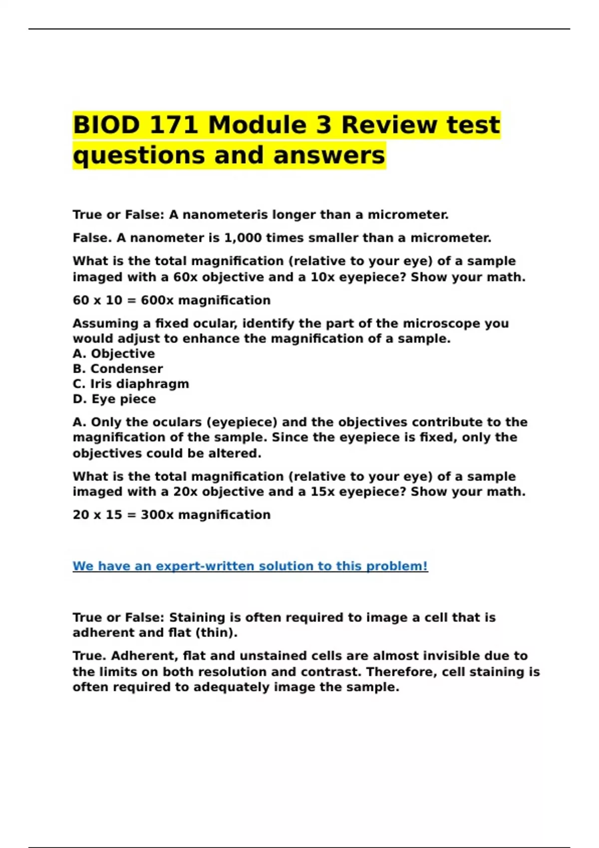 BIOD 171 Module 2 Reviewexam questions and answers - BIOD 171 - Stuvia US