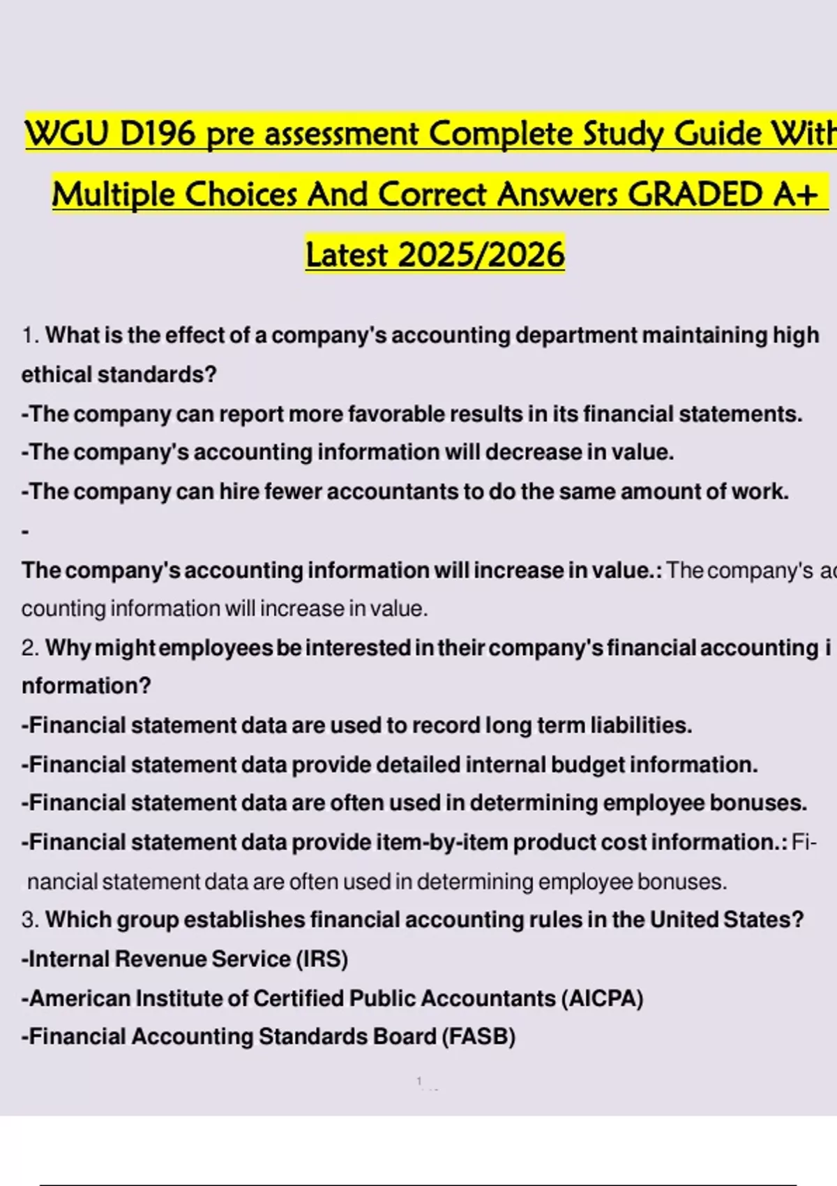 WGU D196 pre assessment Complete Study Guide With Multiple Choices And ...