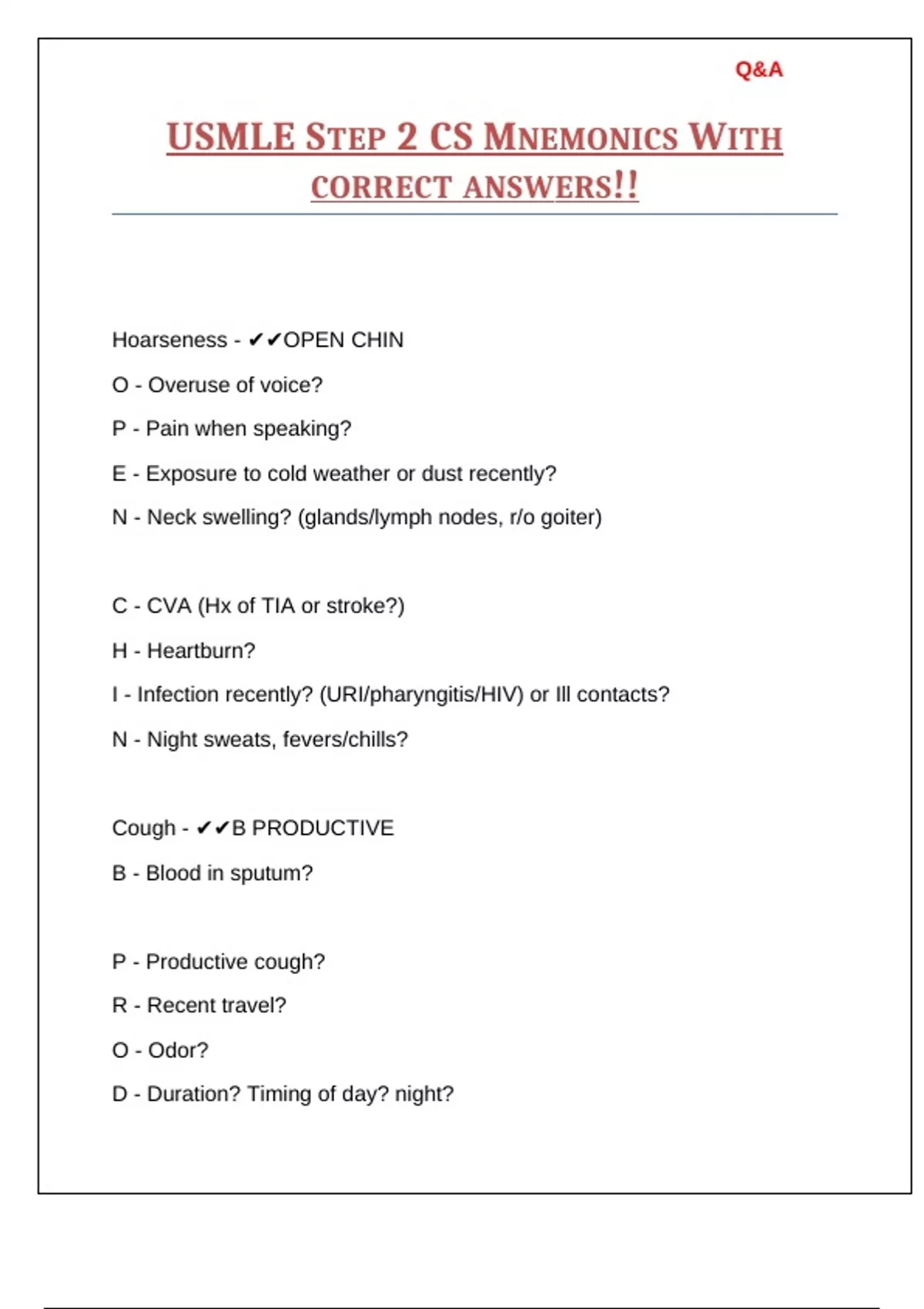 USMLE STEP 2 CS MNEMONICS WITH CORRECT ANSWERS!! - USMLE Step 2 CS ...
