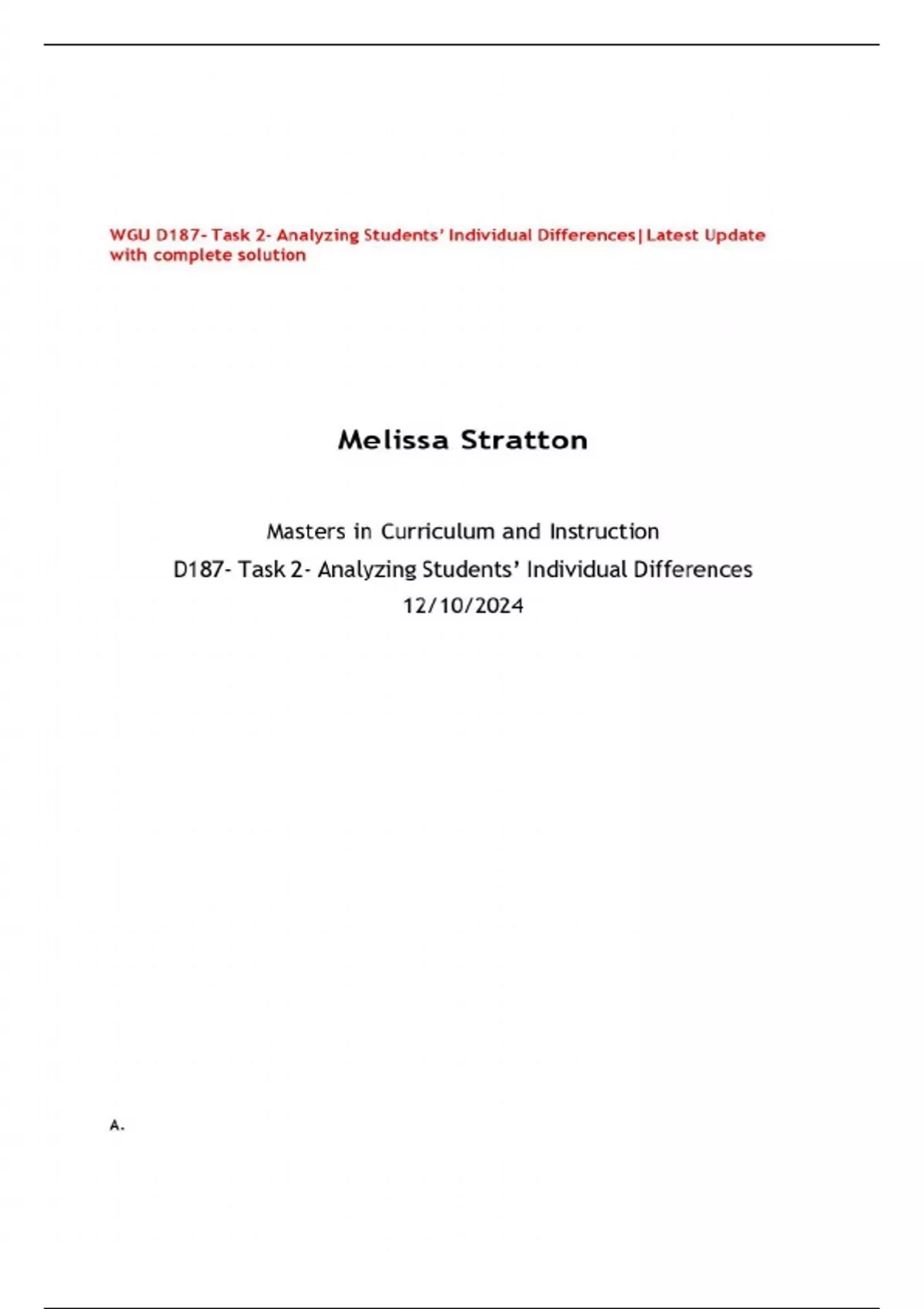 WGU D187- Task 2- Analyzing Students’ Individual Differences|Latest ...