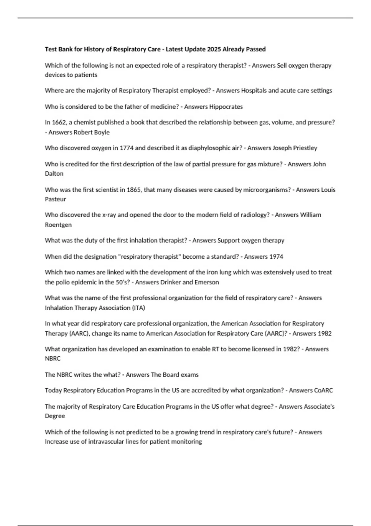 Test Bank for History of Respiratory Care - Latest Update 2025 Already ...