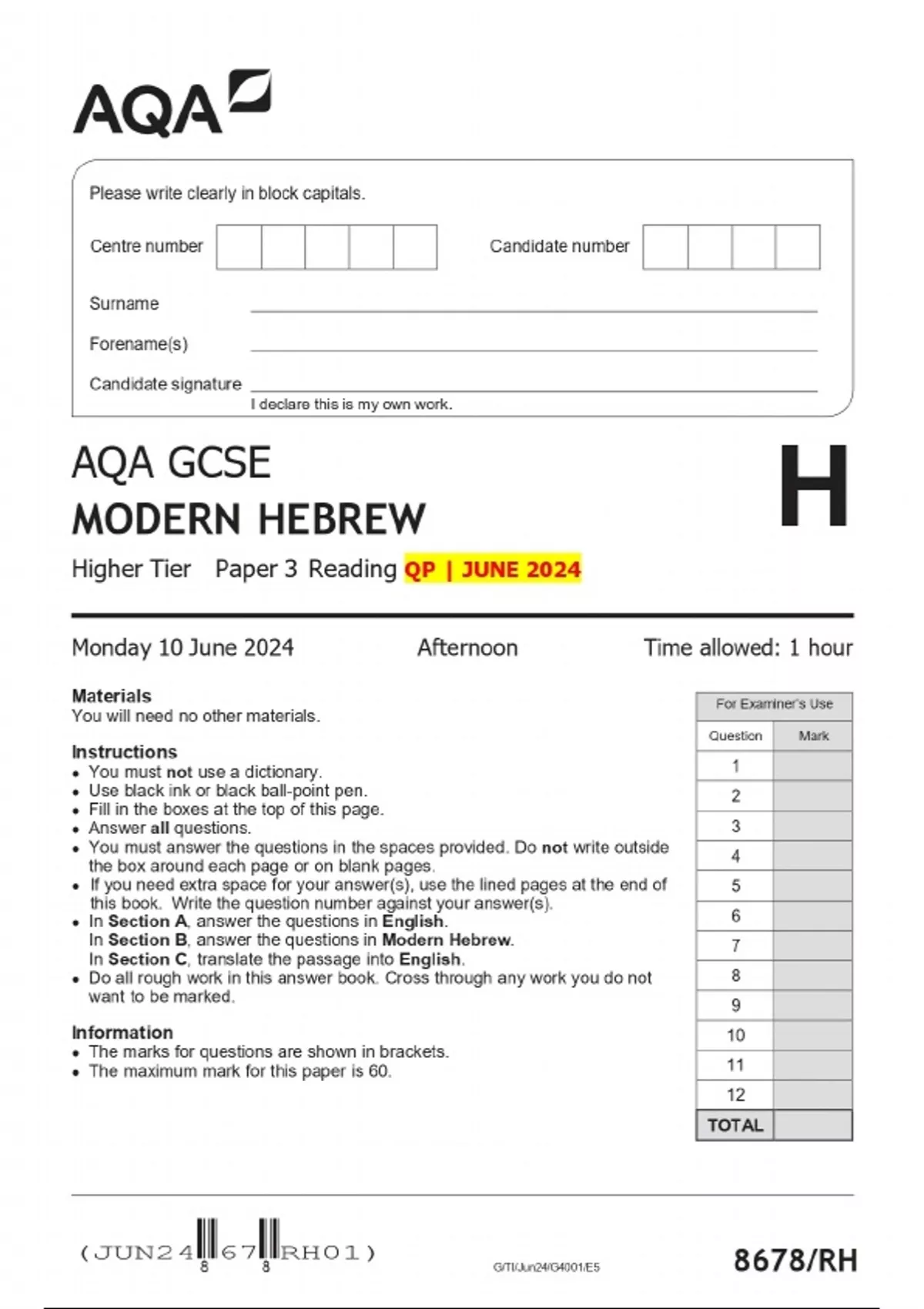 AQA GCSE MODERN HEBREW Higher Tier Paper 3 Reading QP | JUNE 2024 ...