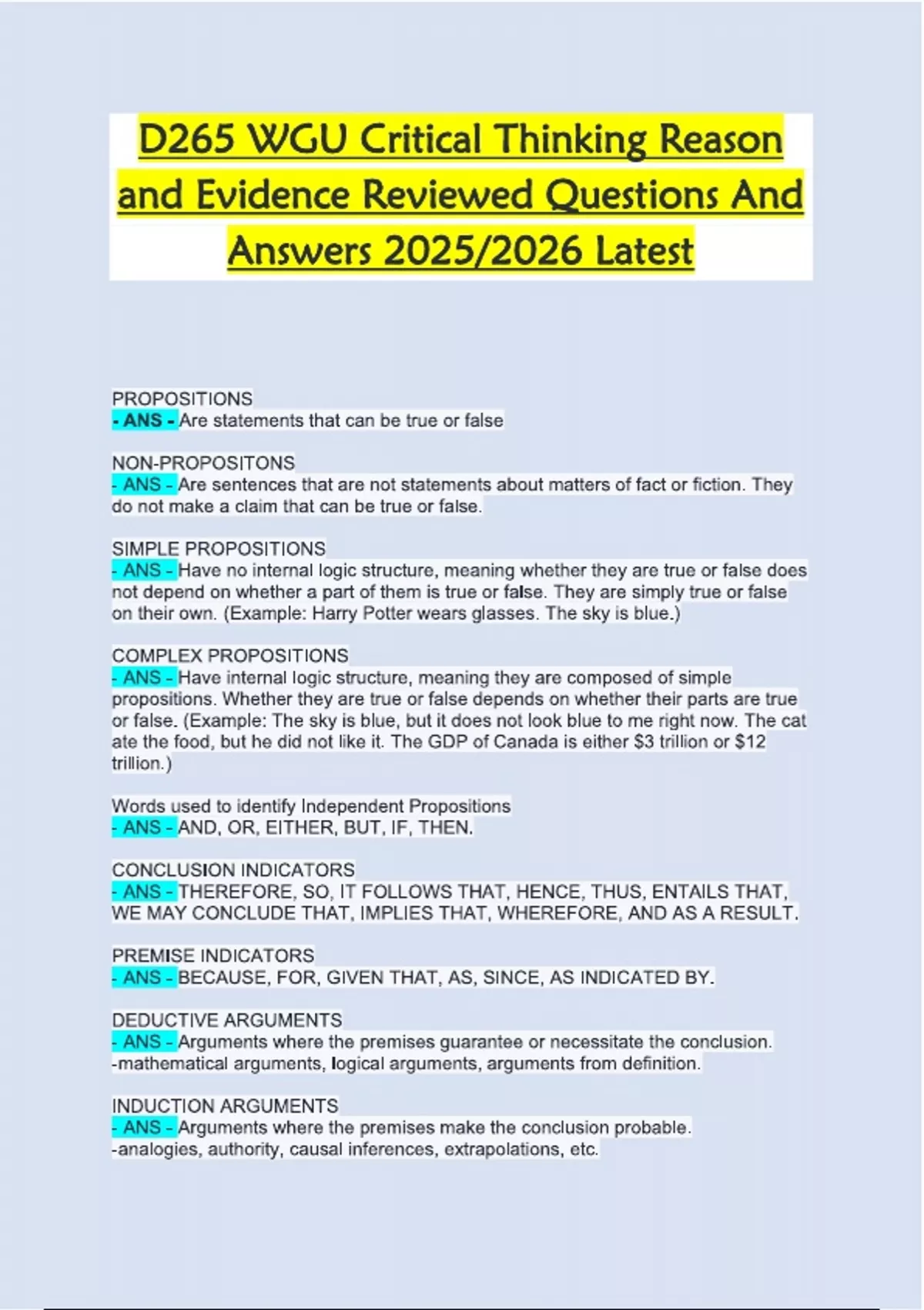 D265 WGU Critical Thinking Reason and Evidence Reviewed Questions And ...
