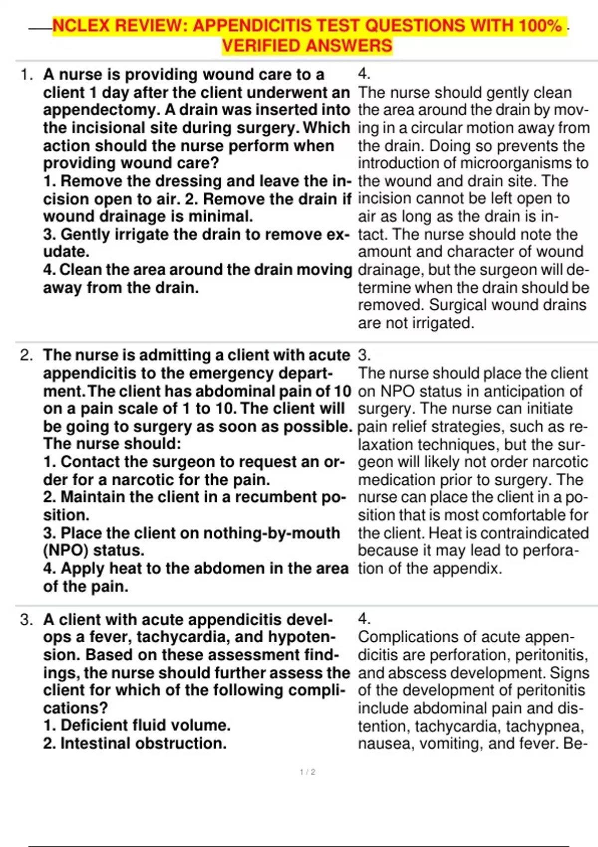 NCLEX REVIEW: APPENDICITIS TEST QUESTIONS WITH 100% VERIFIED ANSWERS ...
