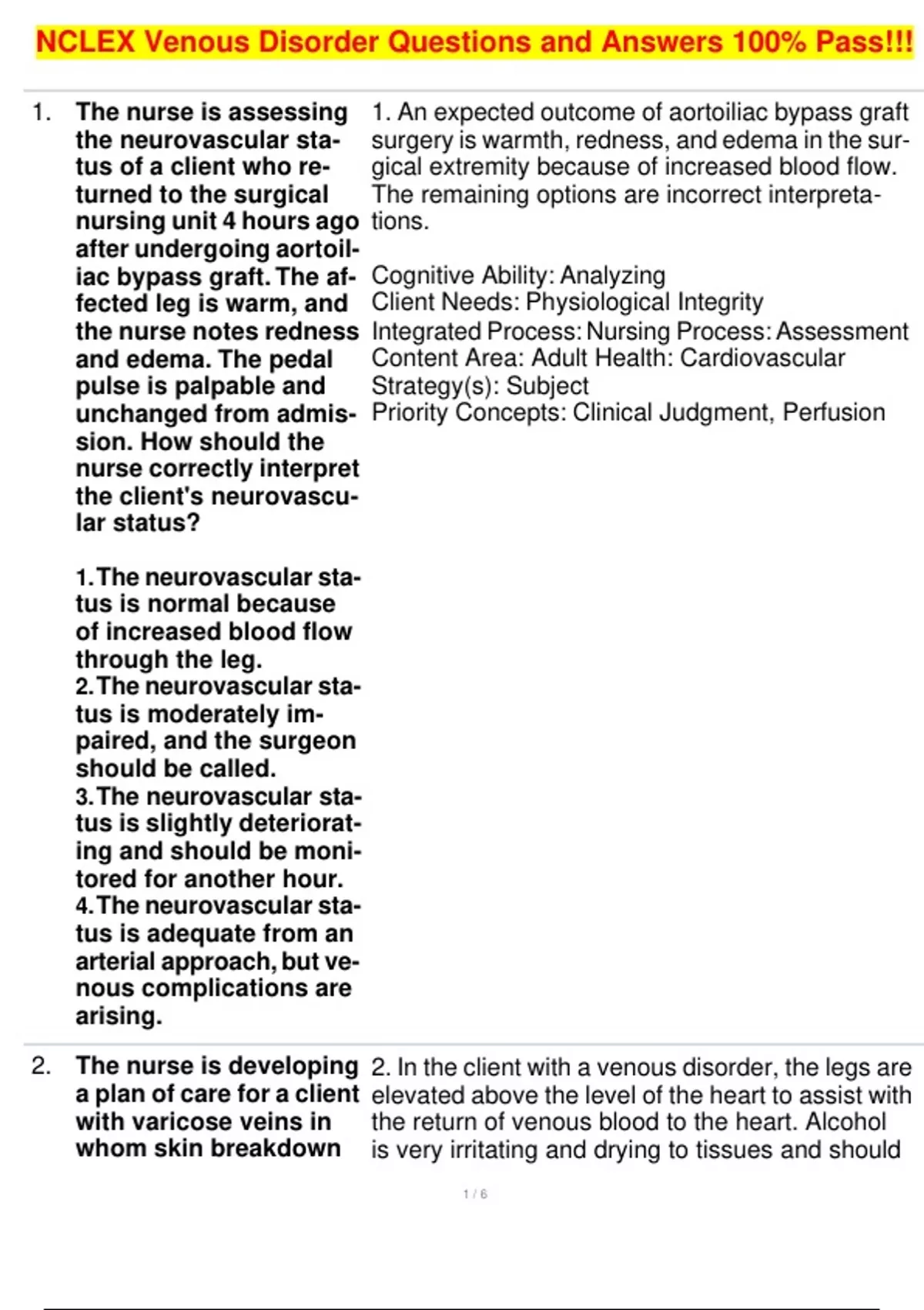 NCLEX Venous Disorder Questions and Answers 100% Pass!!! - NCLEX Venous Disorder - Stuvia US