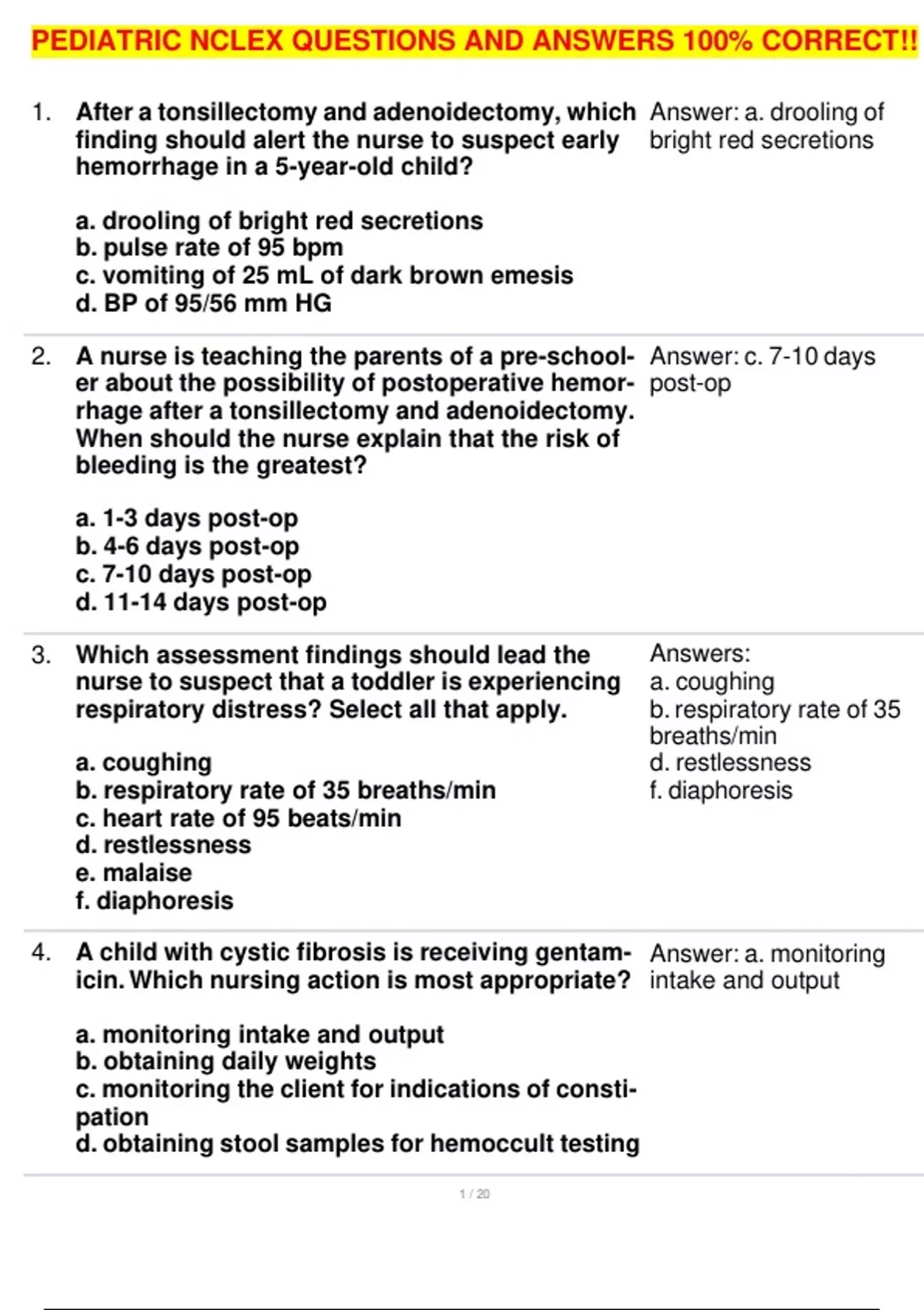 PEDIATRIC NCLEX QUESTIONS AND ANSWERS 100% CORRECT!! - PEDIATRIC NCLEX ...