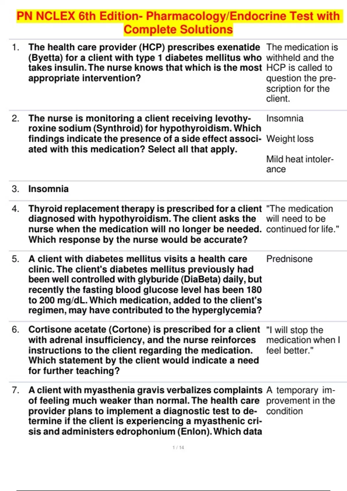 PN NCLEX 6th Edition- Pharmacology/Endocrine Test with Complete ...