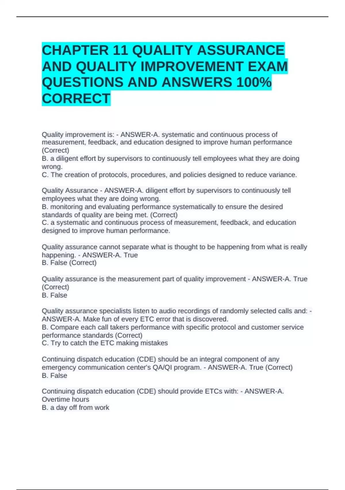 CHAPTER 11 QUALITY ASSURANCE AND QUALITY IMPROVEMENT EXAM QUESTIONS AND ...