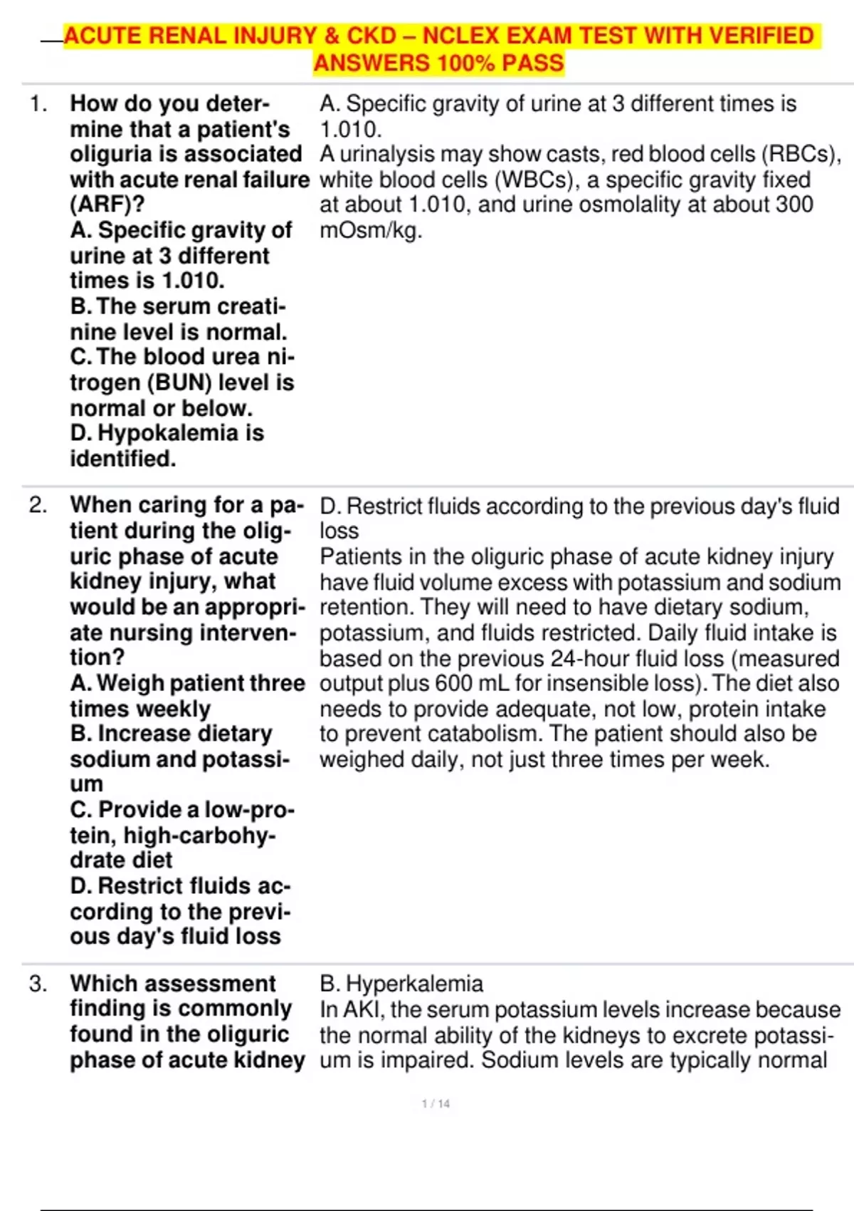 ACUTE RENAL INJURY & CKD – NCLEX EXAM TEST WITH VERIFIED ANSWERS 100% ...