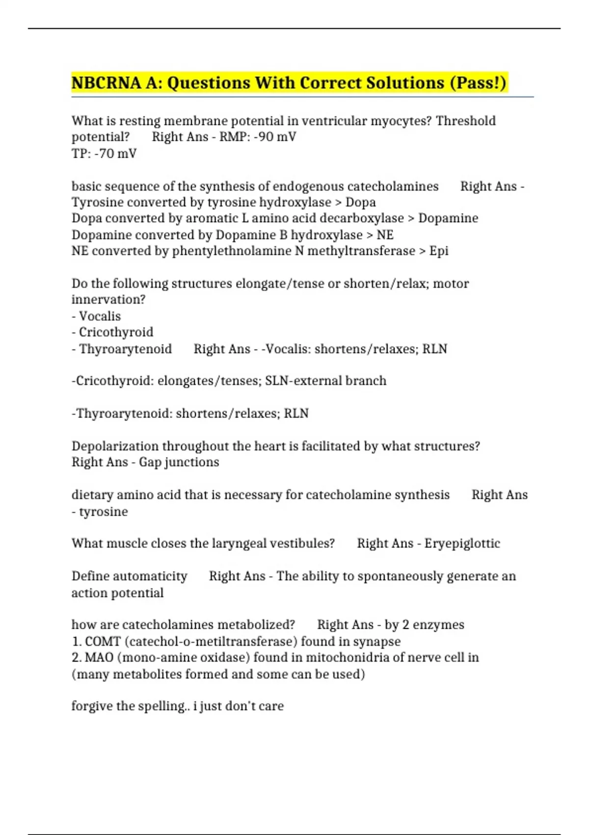 NBCRNA A: Questions With Correct Solutions (Pass!) - NBCRNA - Stuvia US