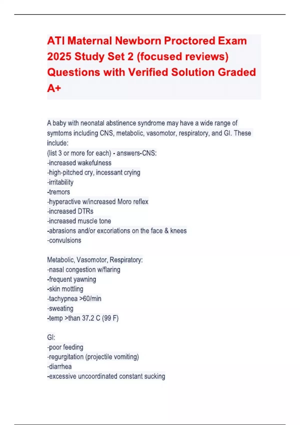 ATI Maternal Newborn Proctored Exam 2025 Study Set 2 (focused reviews ...
