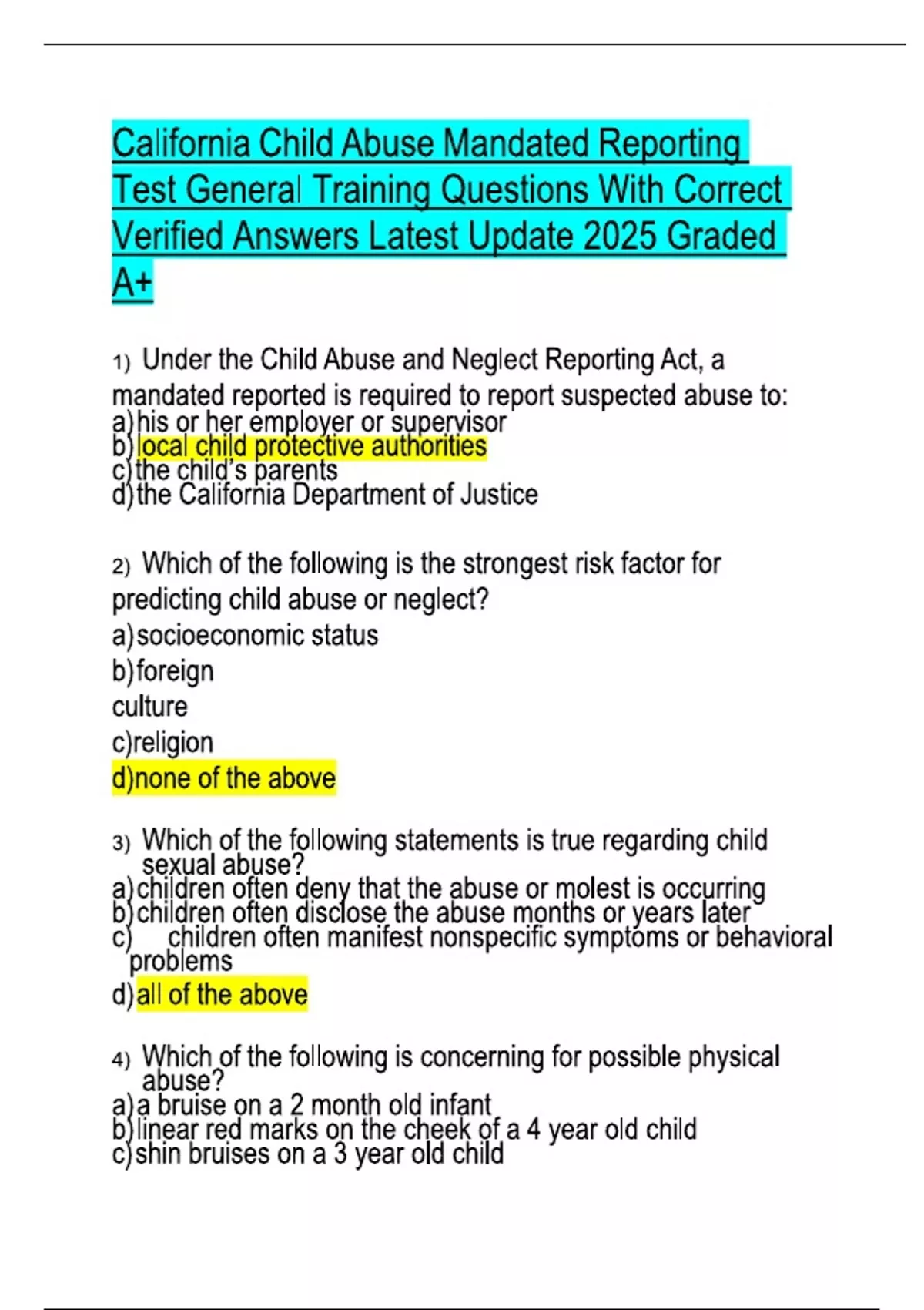 California Child Abuse Mandated Reporting Test General Training ...