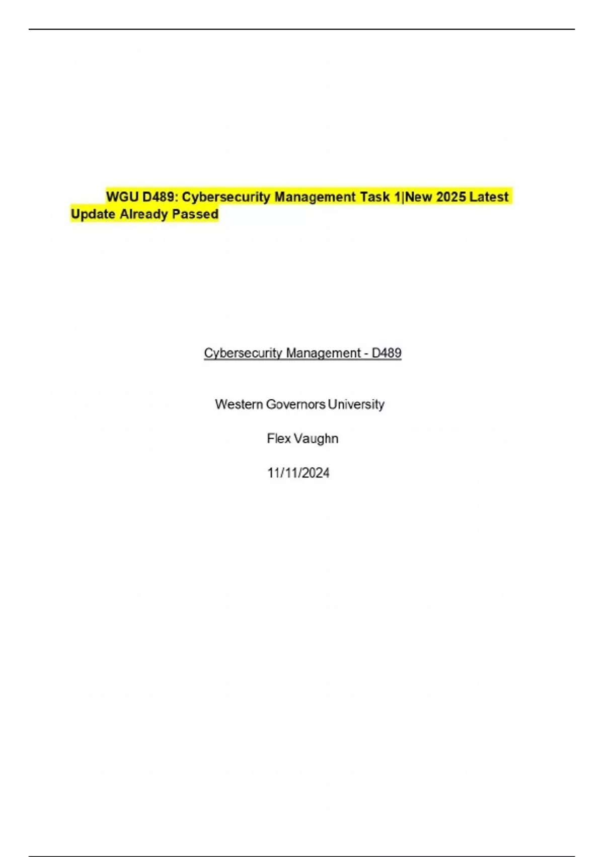 WGU D489: Cybersecurity Management Task 1|New 2025 Latest Update ...