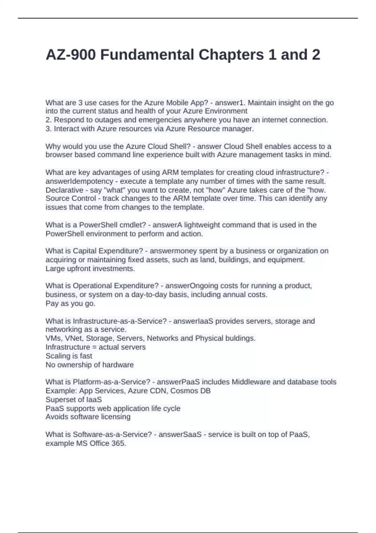 AZ-900 Fundamental Chapters 1 and 2 Questions and Answers - AZ-900 ...